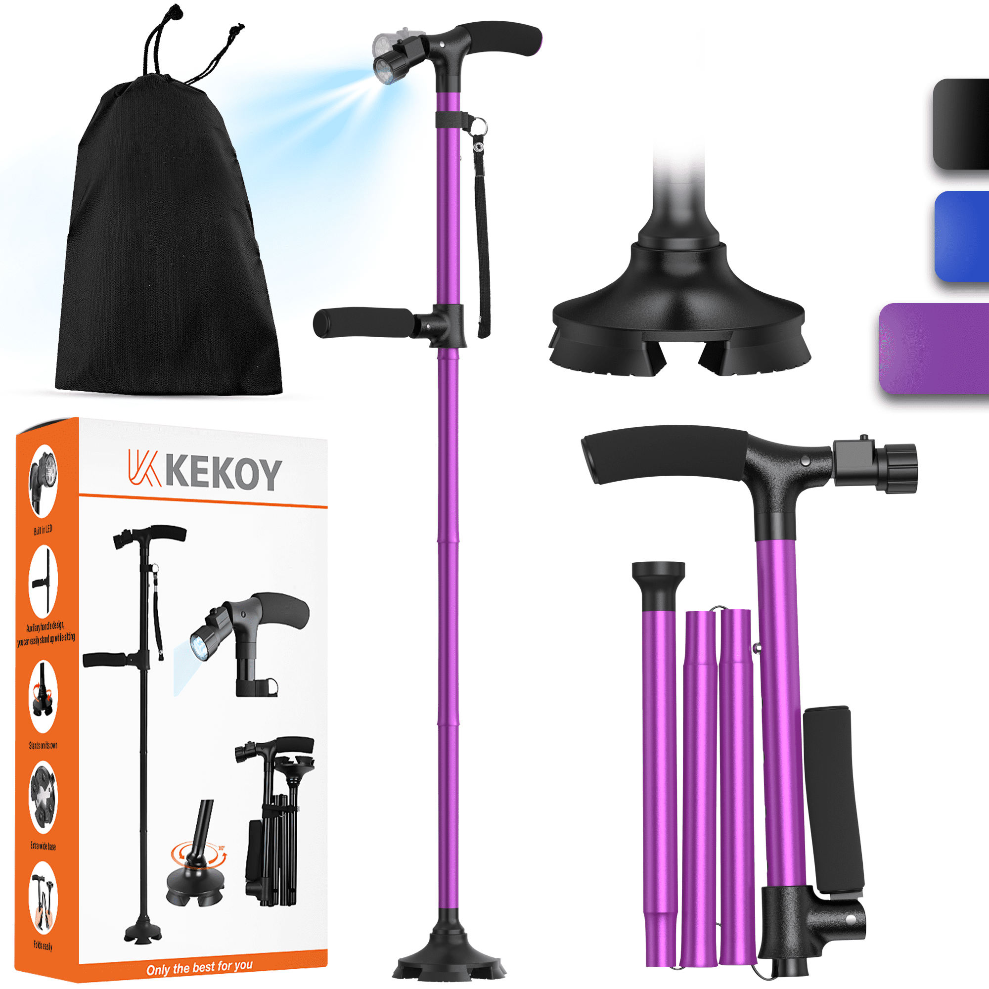 KEKOY Folding Walking Cane for Seniors Men Women with Light and Quad ...