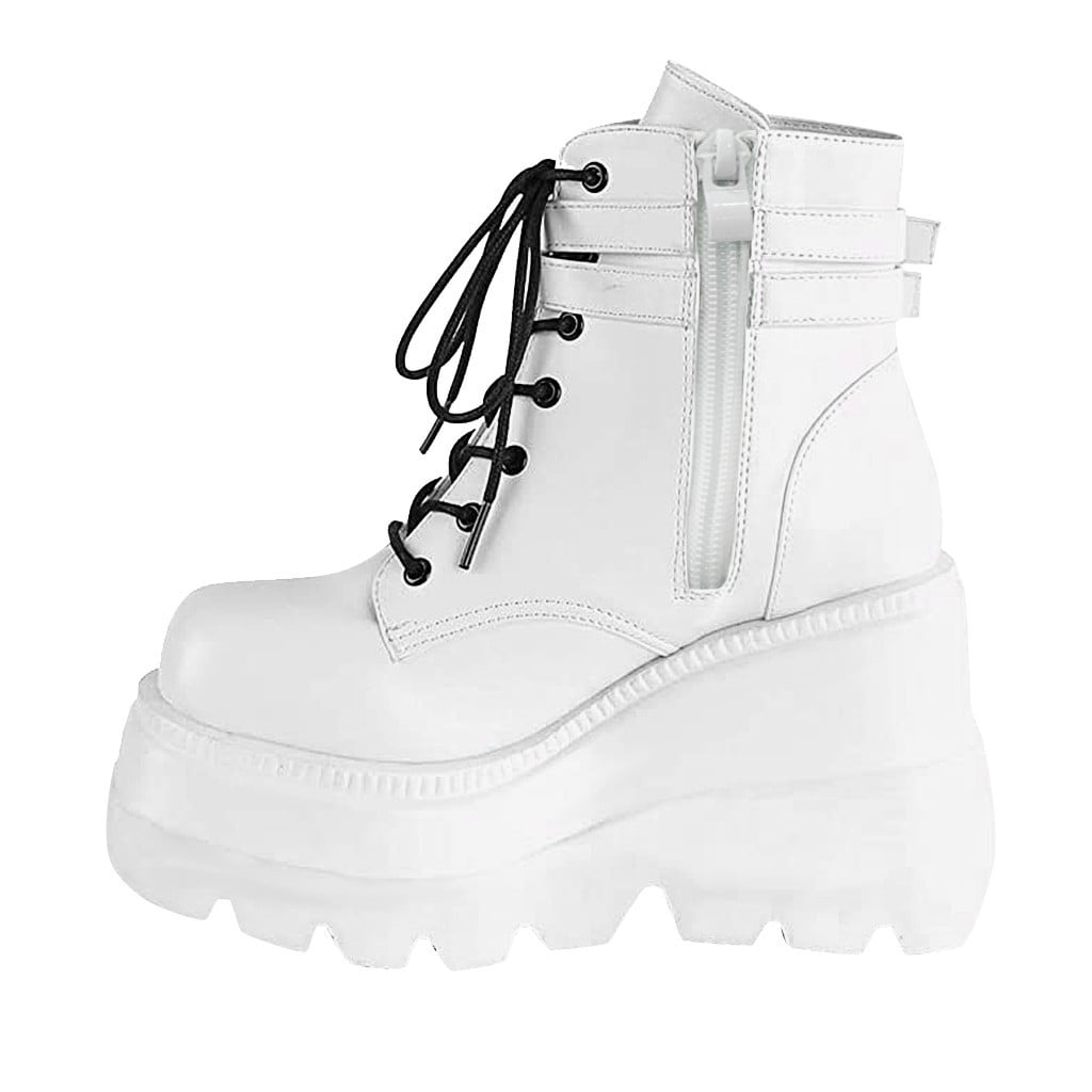 KELINFONG Platform Ankle Boots for Women Heel Booties Goth Round Toe Combat Boots Lace up ...