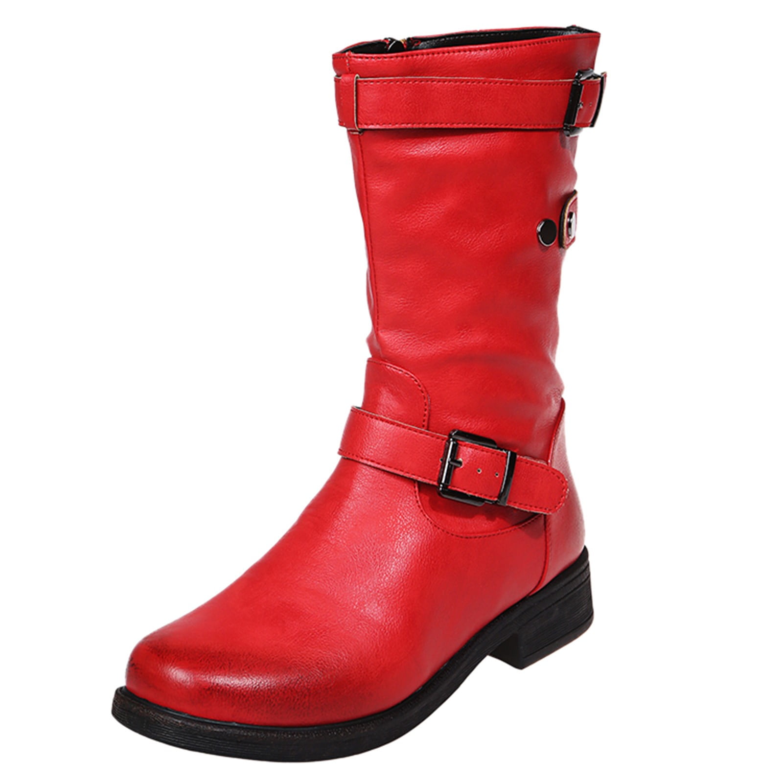 KELINFONG Women's Biker Boots Lace up Mid Calf Motorcycle Fashion ...
