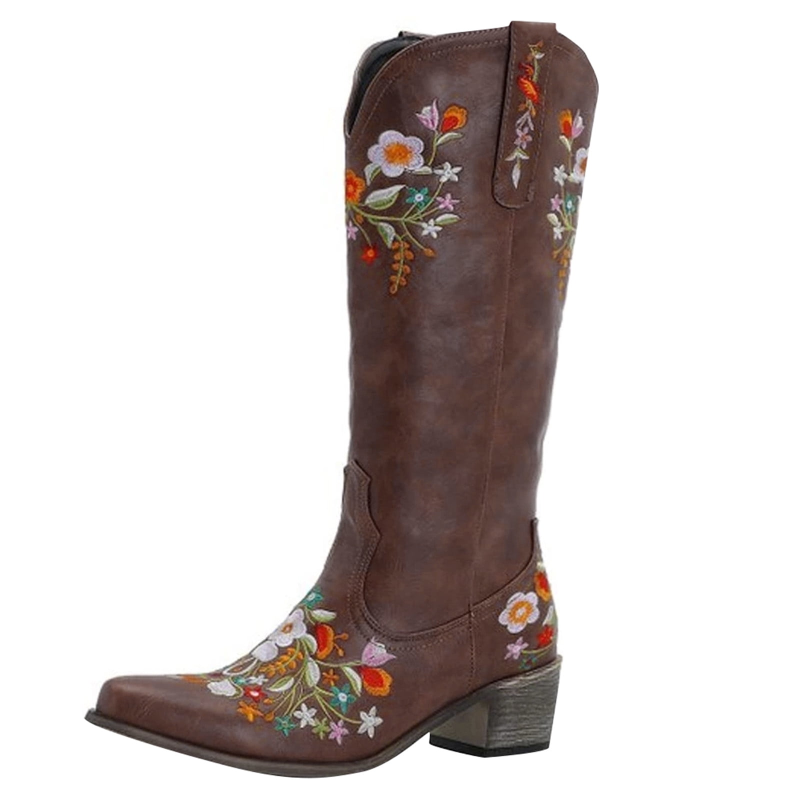 KELINFONG Womens Flower Embroidered Cowgirl Boots Pointy Toe Western ...