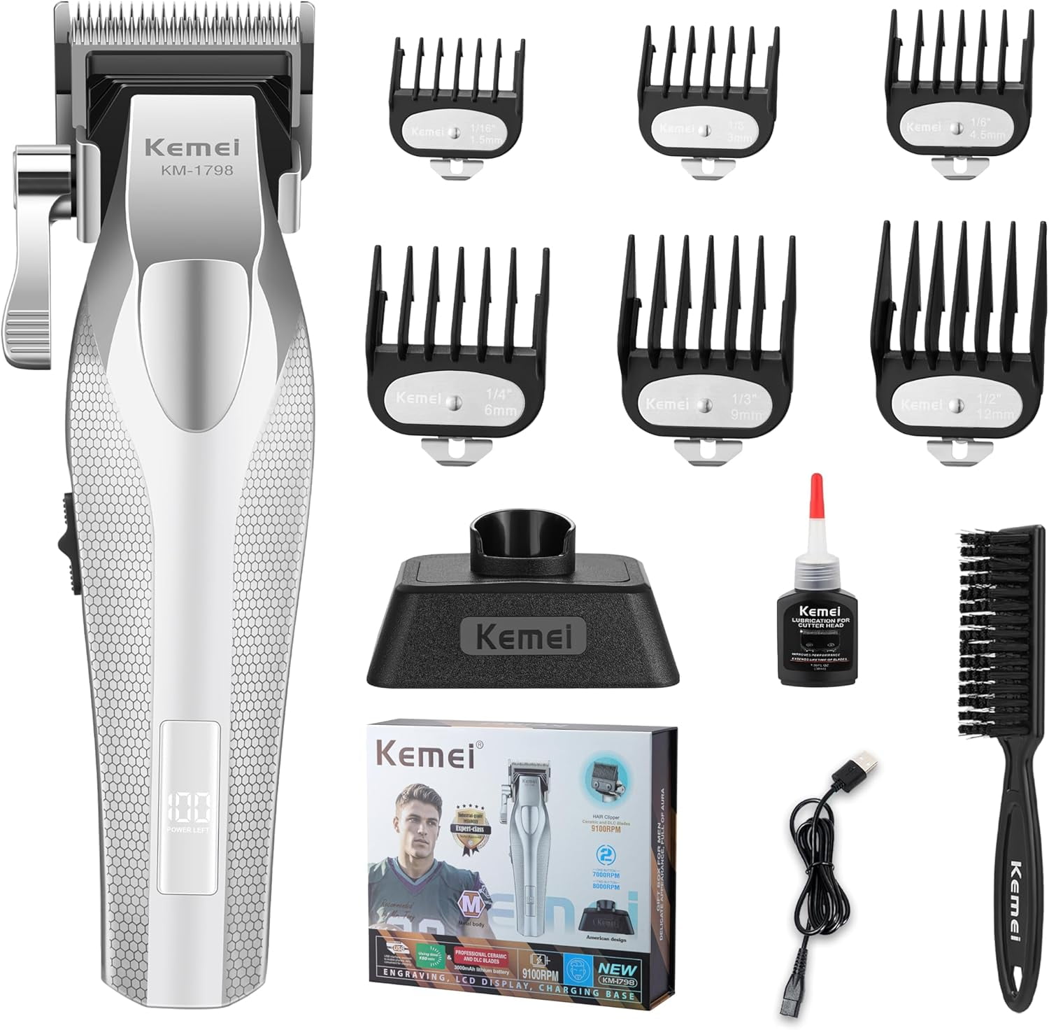KEMEI 1798 Professional Hair Clippers for Men, 9100 RPM Cordless Barber ...