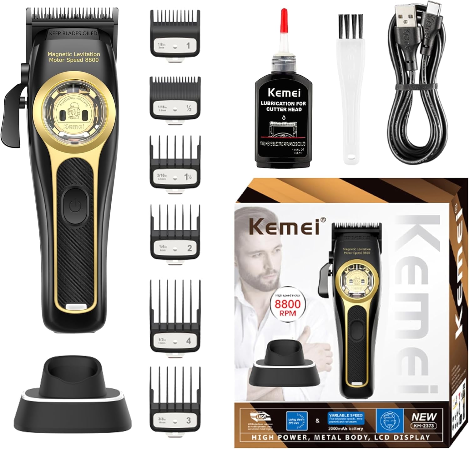 KEMEI 2373 Professional Hair Clippers for Men, Cordless Barber Clipper ...