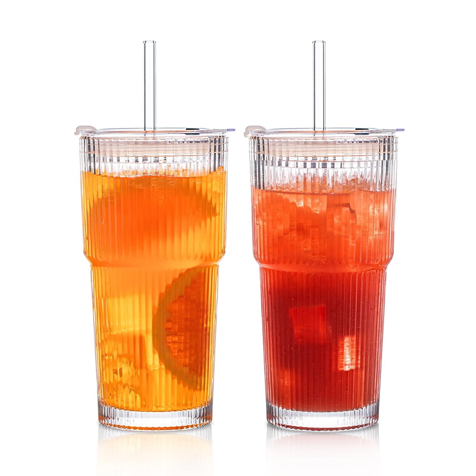 KEMORELA 2PCS Ribbed Glass Tumblers With Lids And Glass Straws, 20 Oz ...