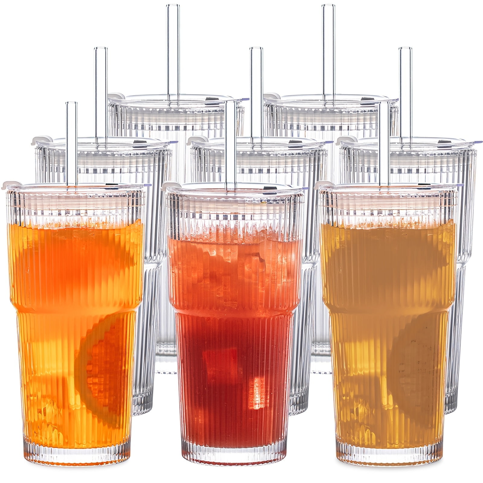 KEMORELA 8-Piece Glassware Set – 20 oz Ribbed Glass Tumblers with Lids ...