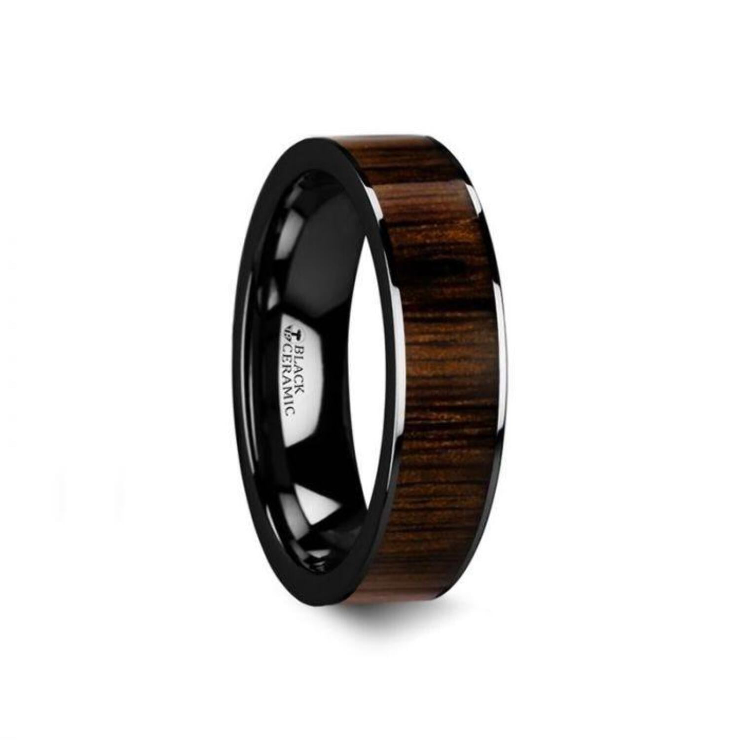 KENDO Black Ceramic Polished Finish Ring with Black Walnut Wood Inlay ...