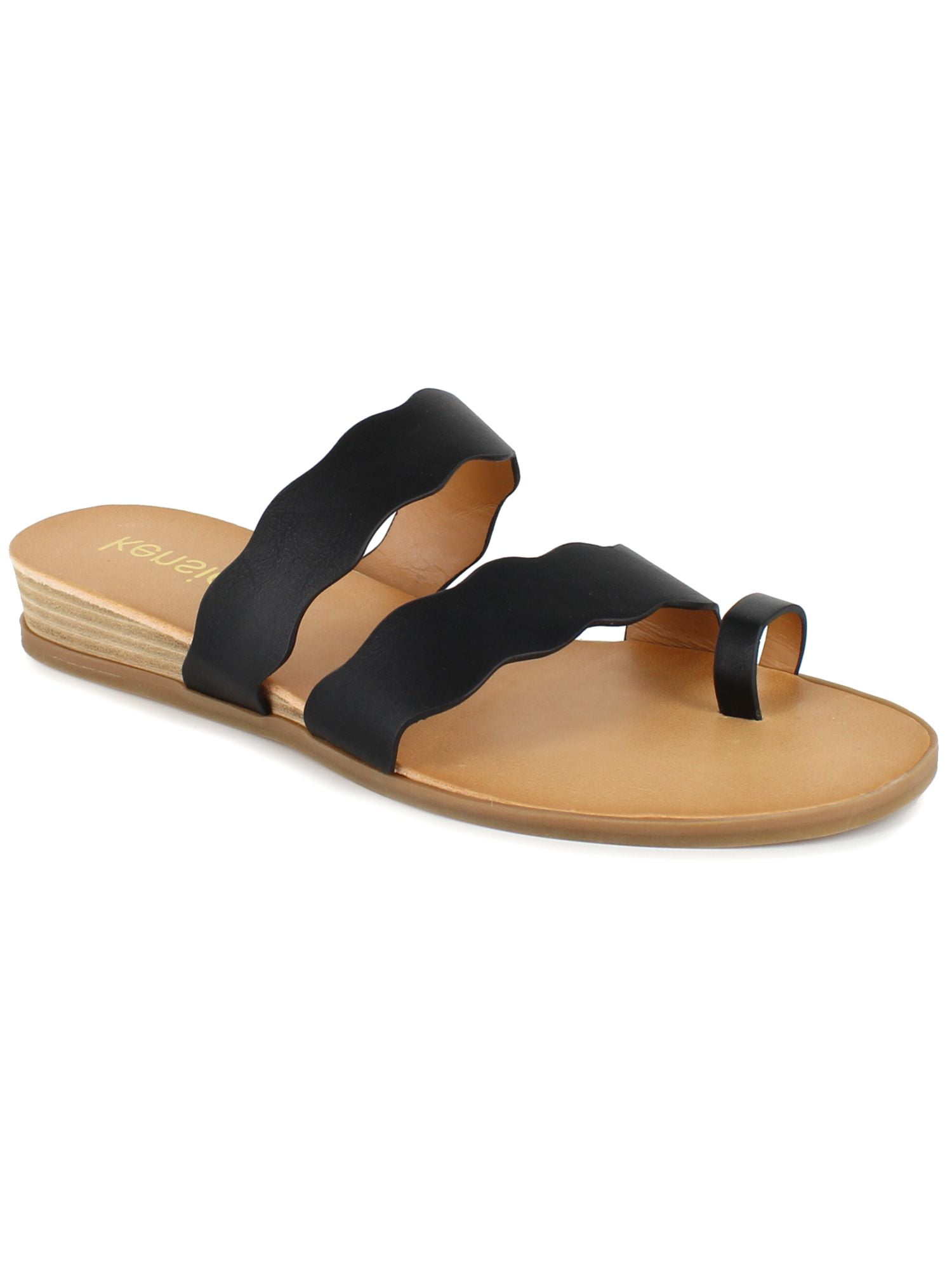 KENSIE Womens Black Toe-Loop Scalloped Strappy Arjuna Round Toe Wedge ...