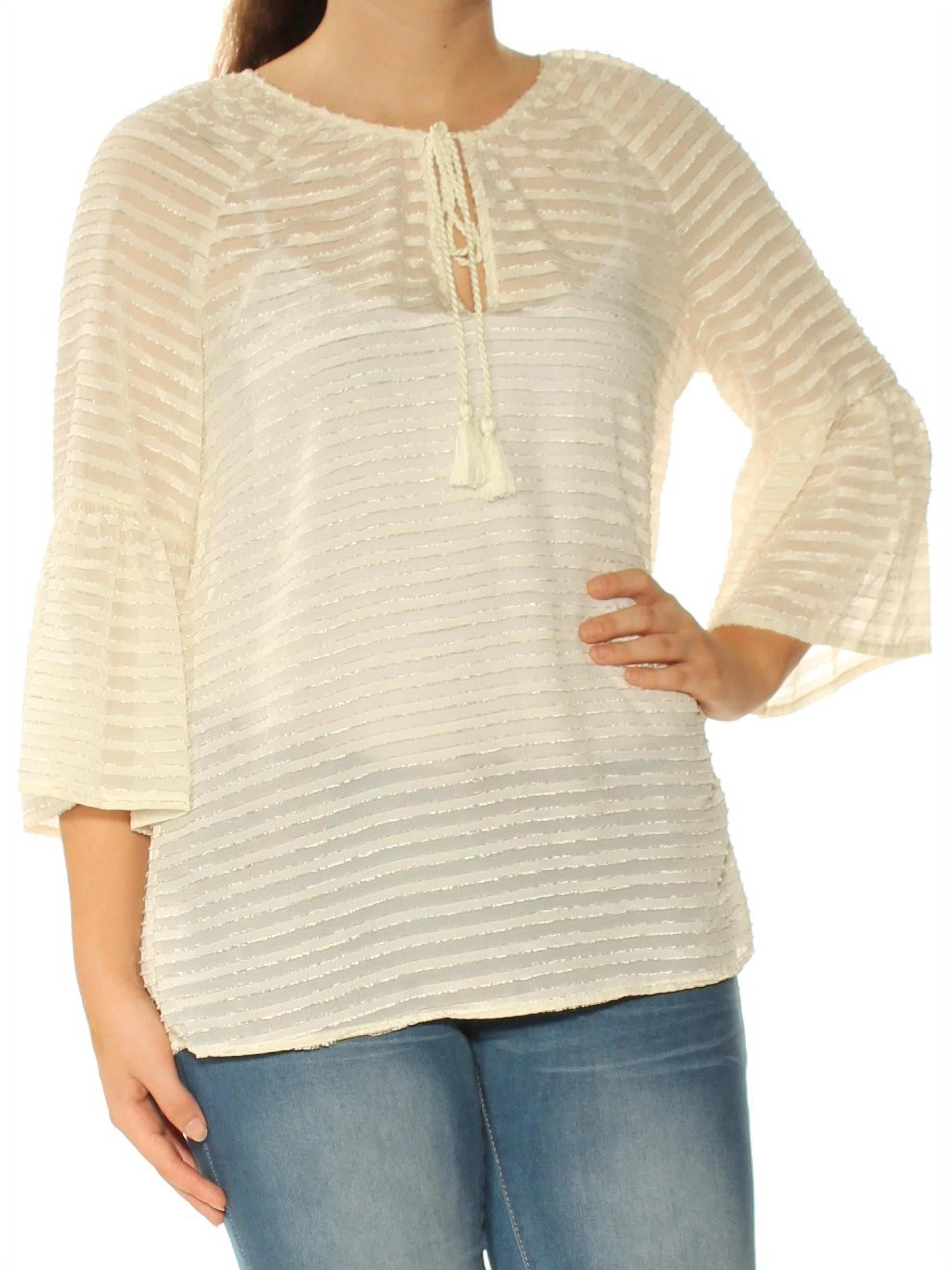 KENSIE Womens Ivory Textured Striped Bell Sleeve Jewel Neck Top S ...