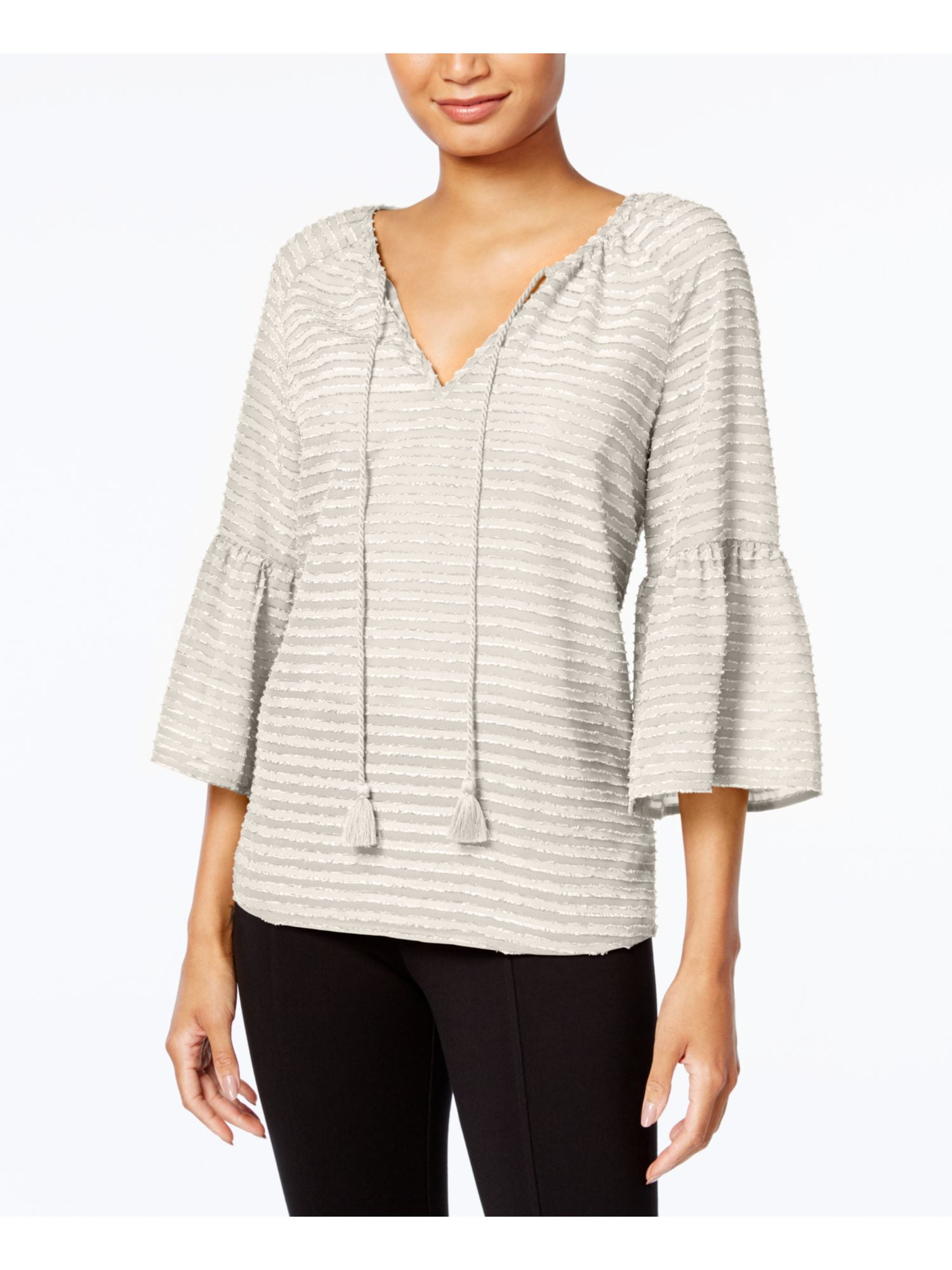 KENSIE Womens Ivory Textured Striped Bell Sleeve Jewel Neck Top XL ...