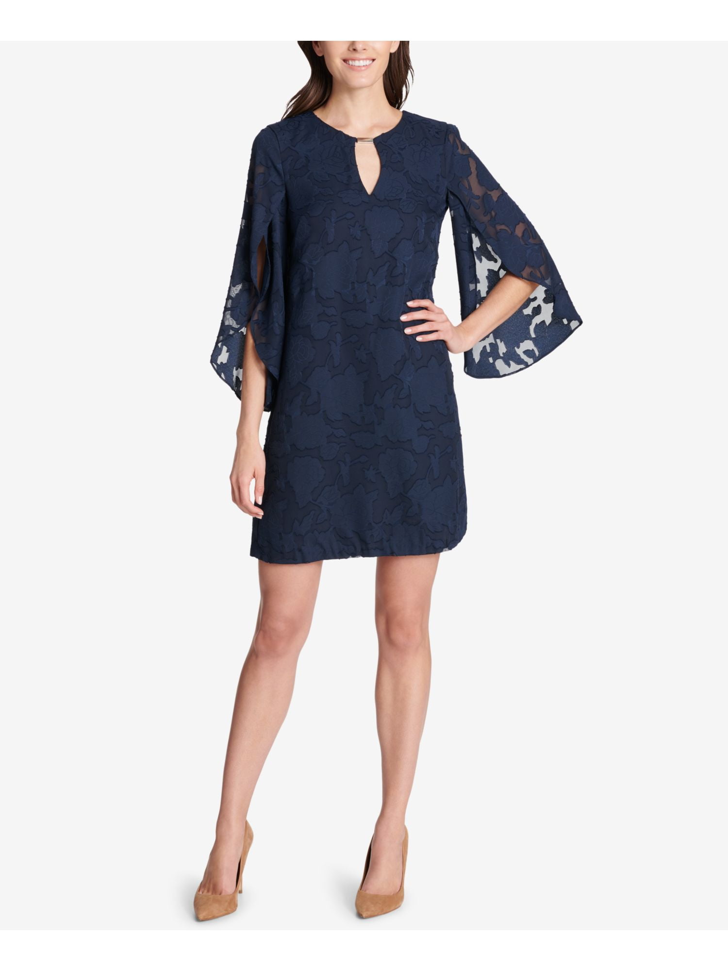 KENSIE Womens Navy Lace Floral Bell Sleeve Keyhole Mini Formal Shift ...