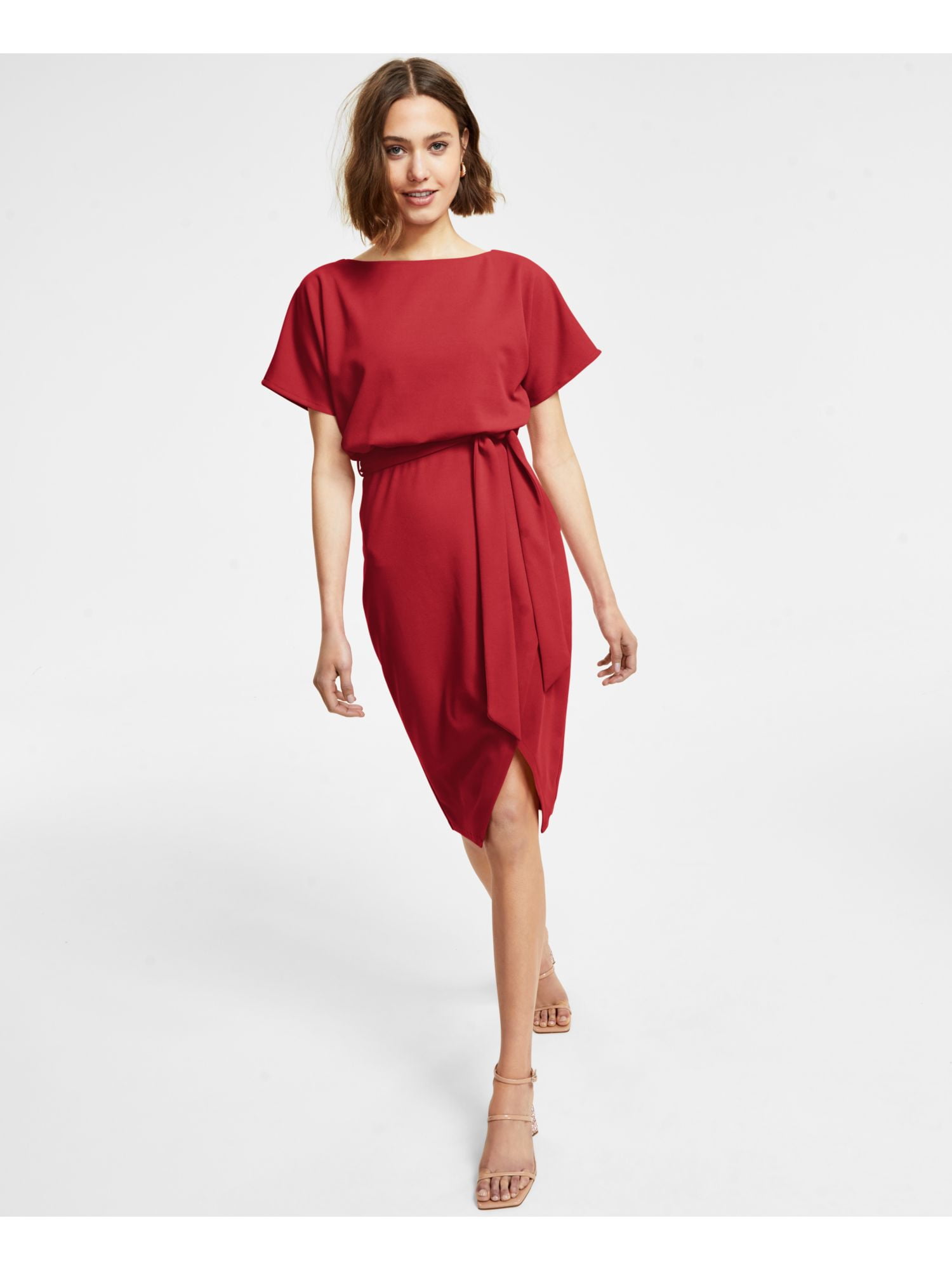 KENSIE DRESSES Womens Red Slitted Tie Short Sleeve Boat Neck Knee ...