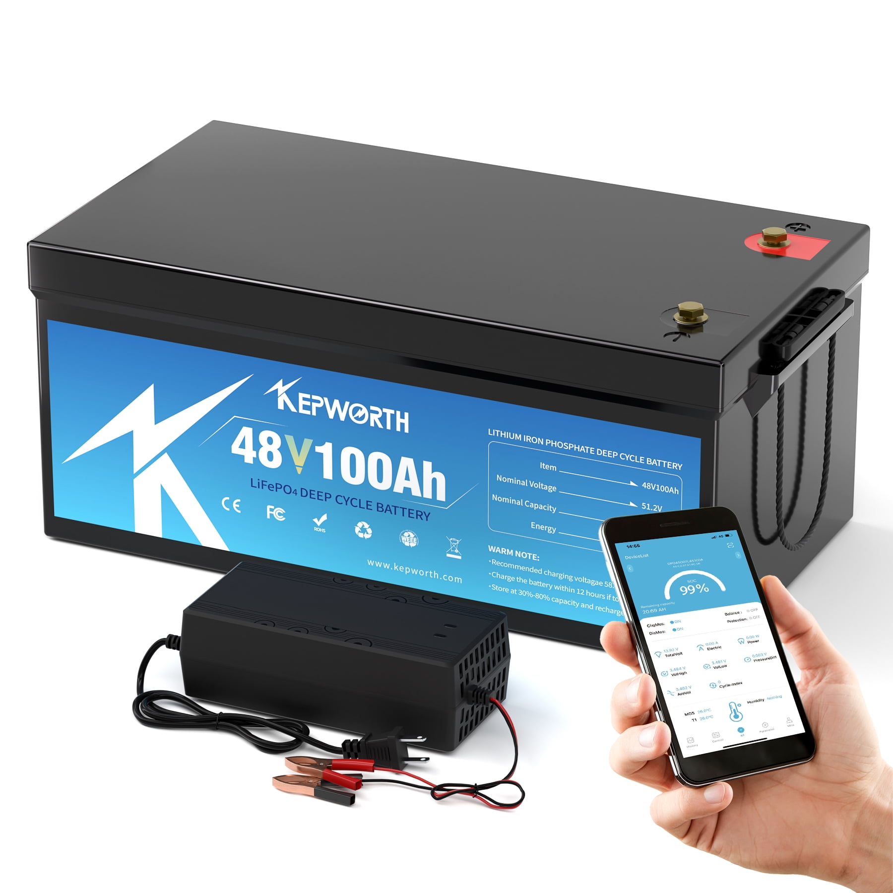 KEPWORTH 48V LiFePO4 Battery 100Ah, Lithium Batteries with 200A BMS, Rechargeable Deep Cycle ...