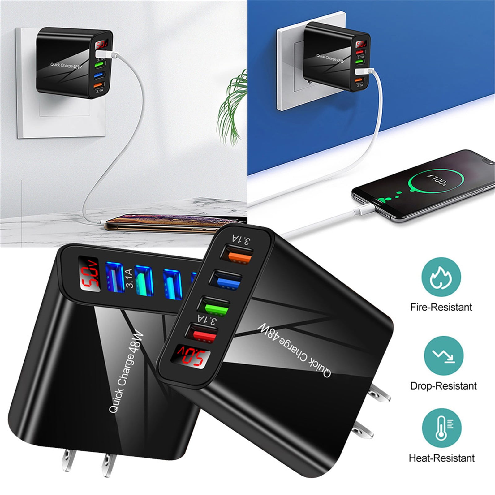 KERUILA 48W 4 Port USB Wall Charger 3.1AUSB Adapter Power Plug Charging ...