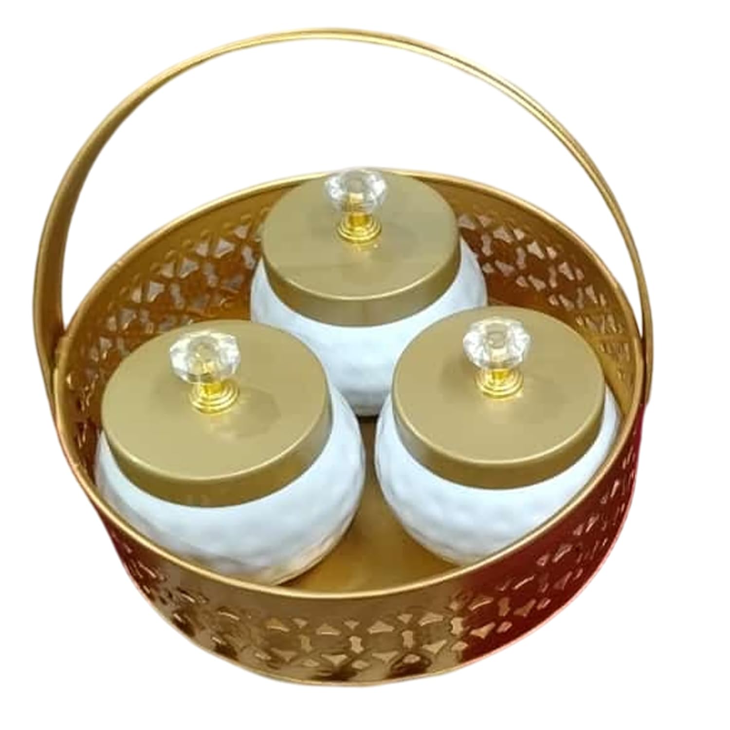 KESHWAM ENTERPRISES Metal Basket with 3 Ceramic Jars Decorative Basket ...
