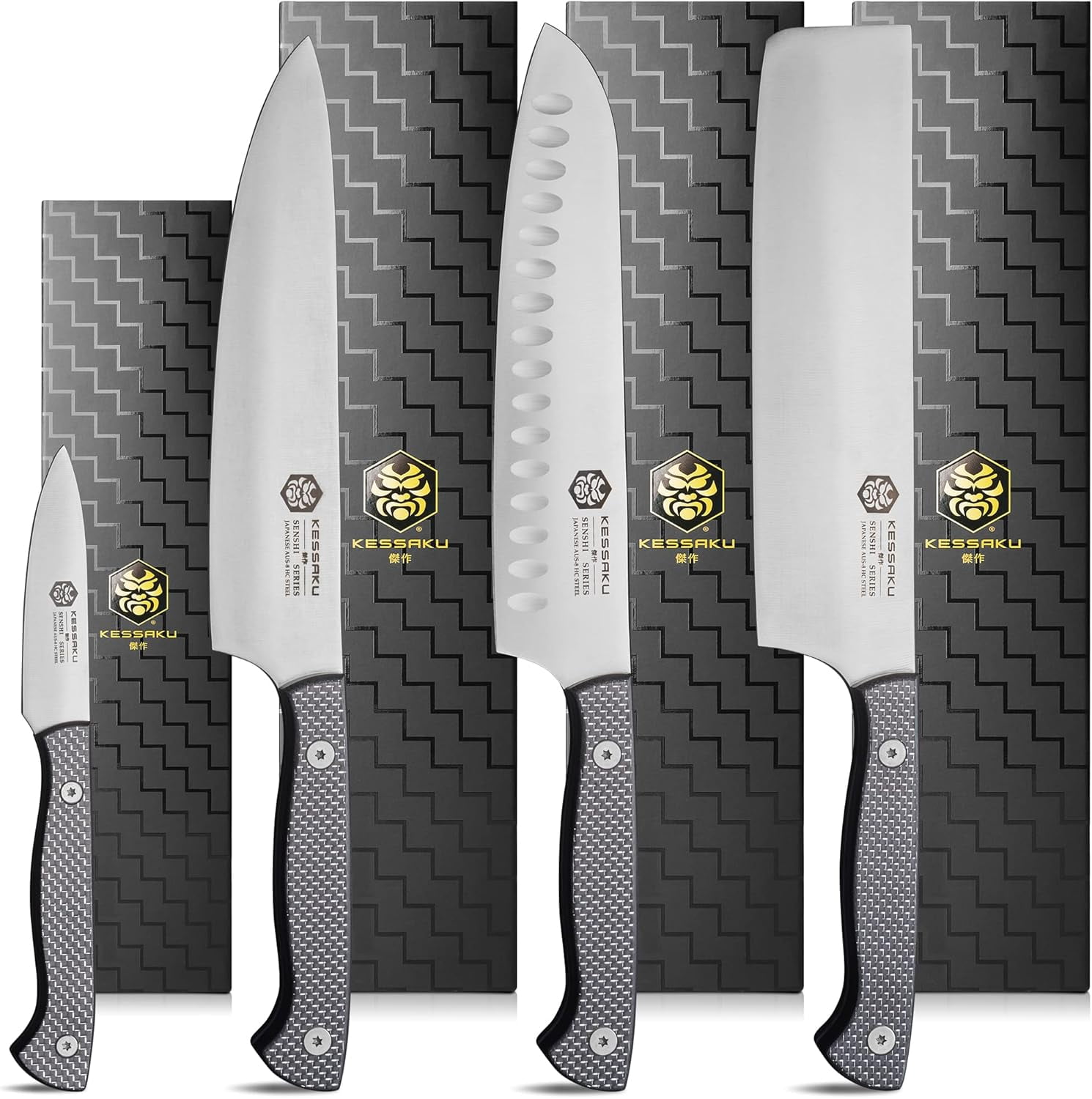 KESSAKU 8-Inch Chef, 8-Inch Santoku, 8-Inch Nakiri, 3.5-Inch Paring ...