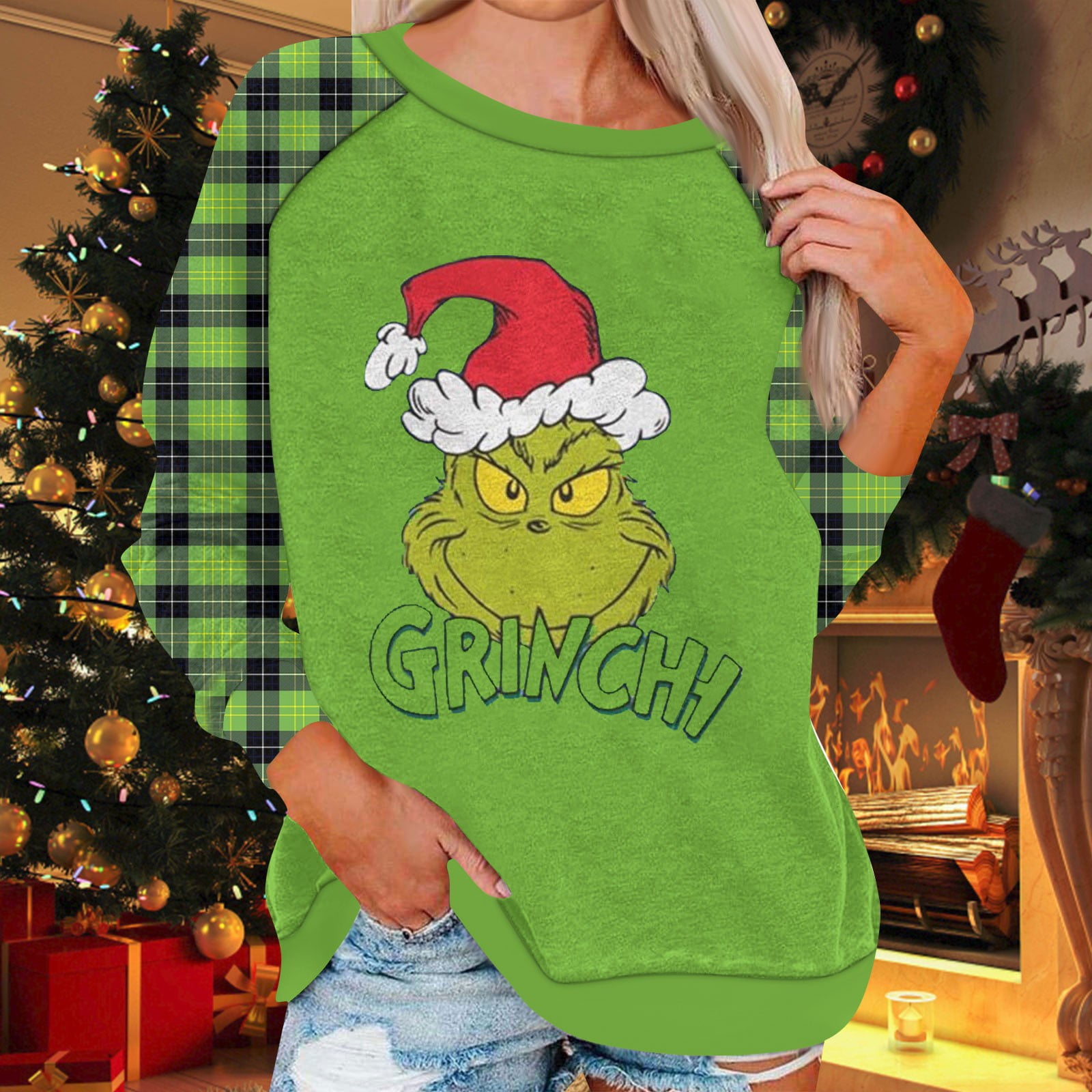 KEVCHE Grinch Costume Christmas Sweatshirts, Women's Casual Christmas ...