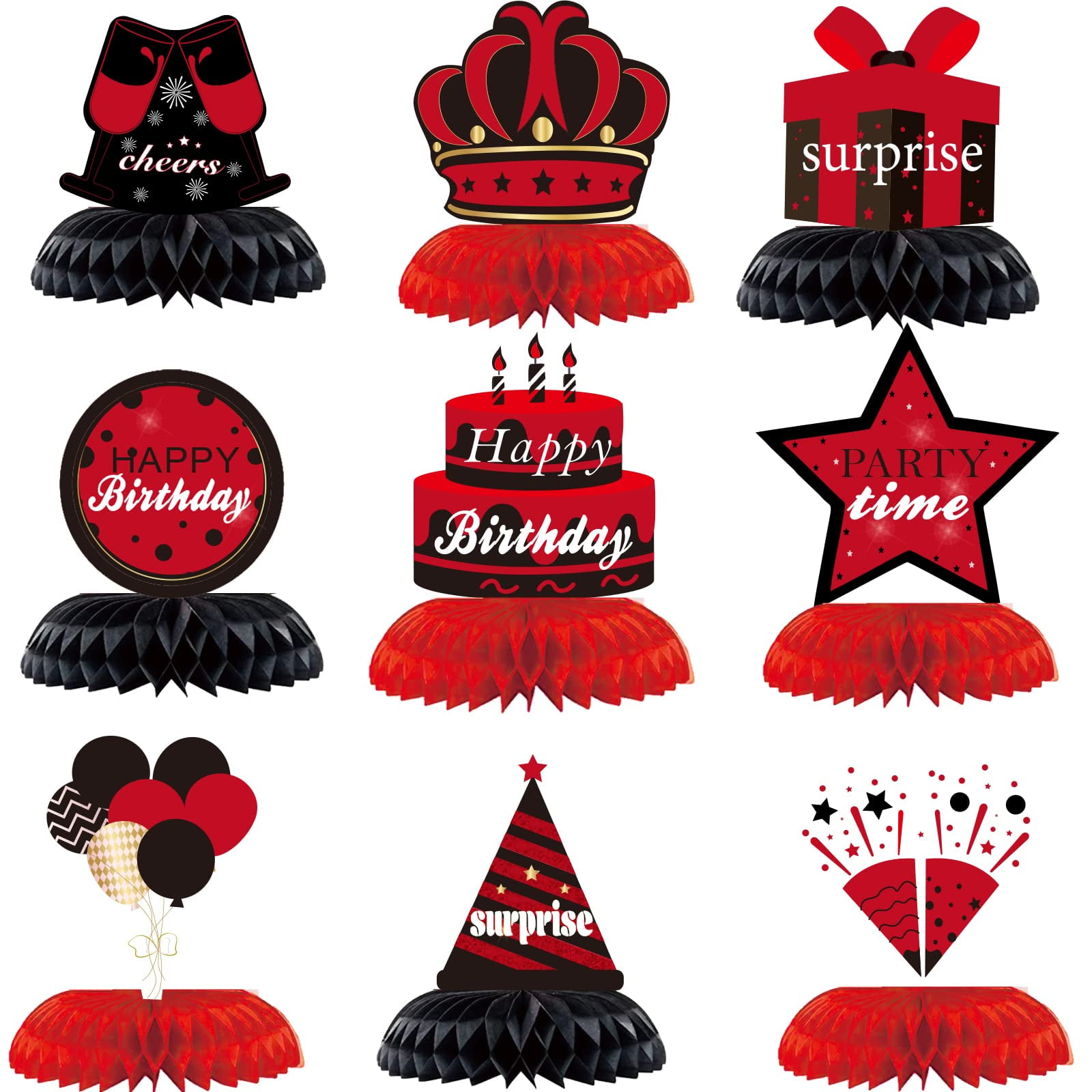 KEWEYA 9Pcs Red Black Birthday Decorations Table Honeycomb Centerpieces ...
