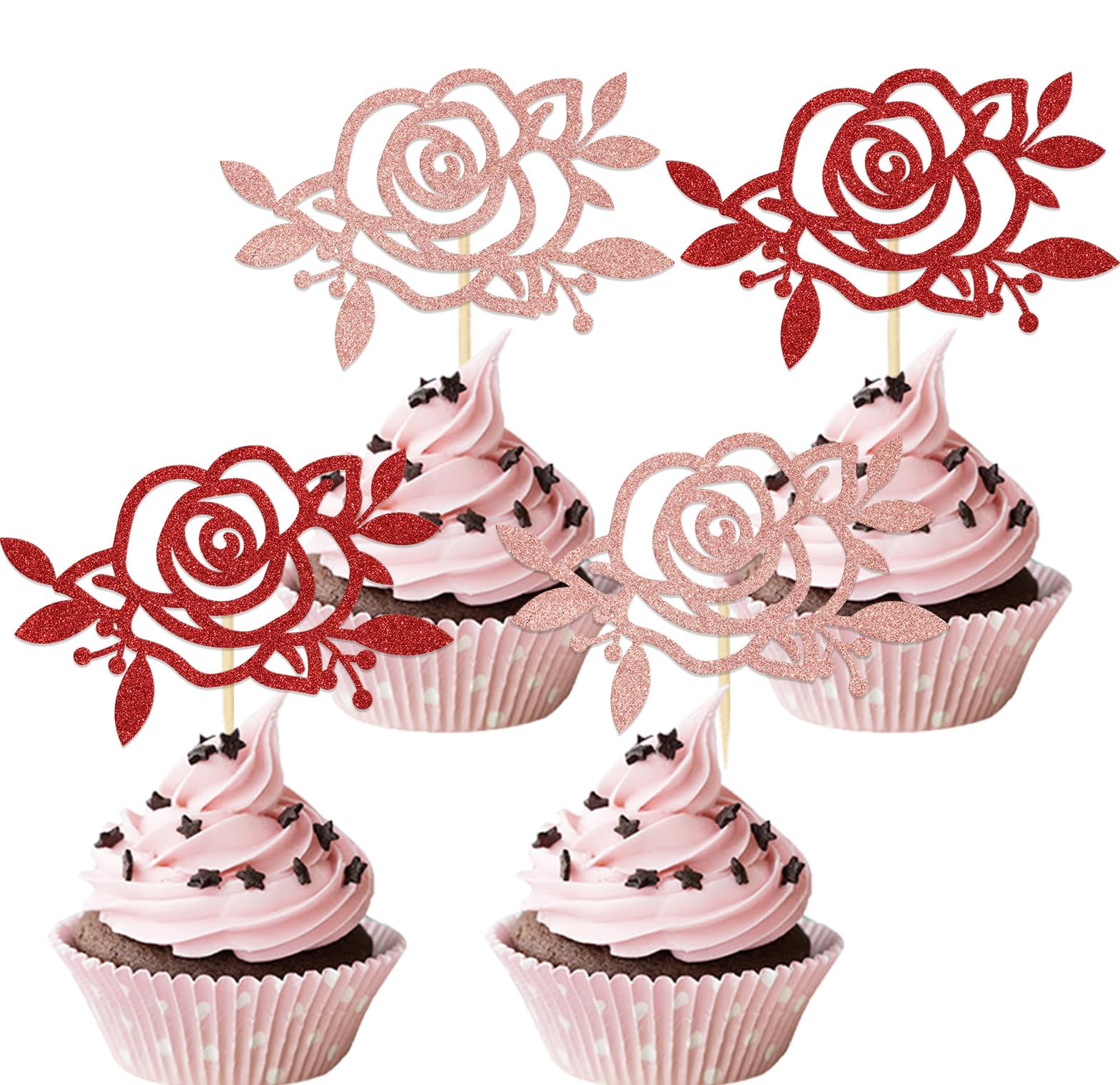 KEWUFD 24PCS Red TWE5 Rose Flower Cupcake Topper Floral Cupcake ...