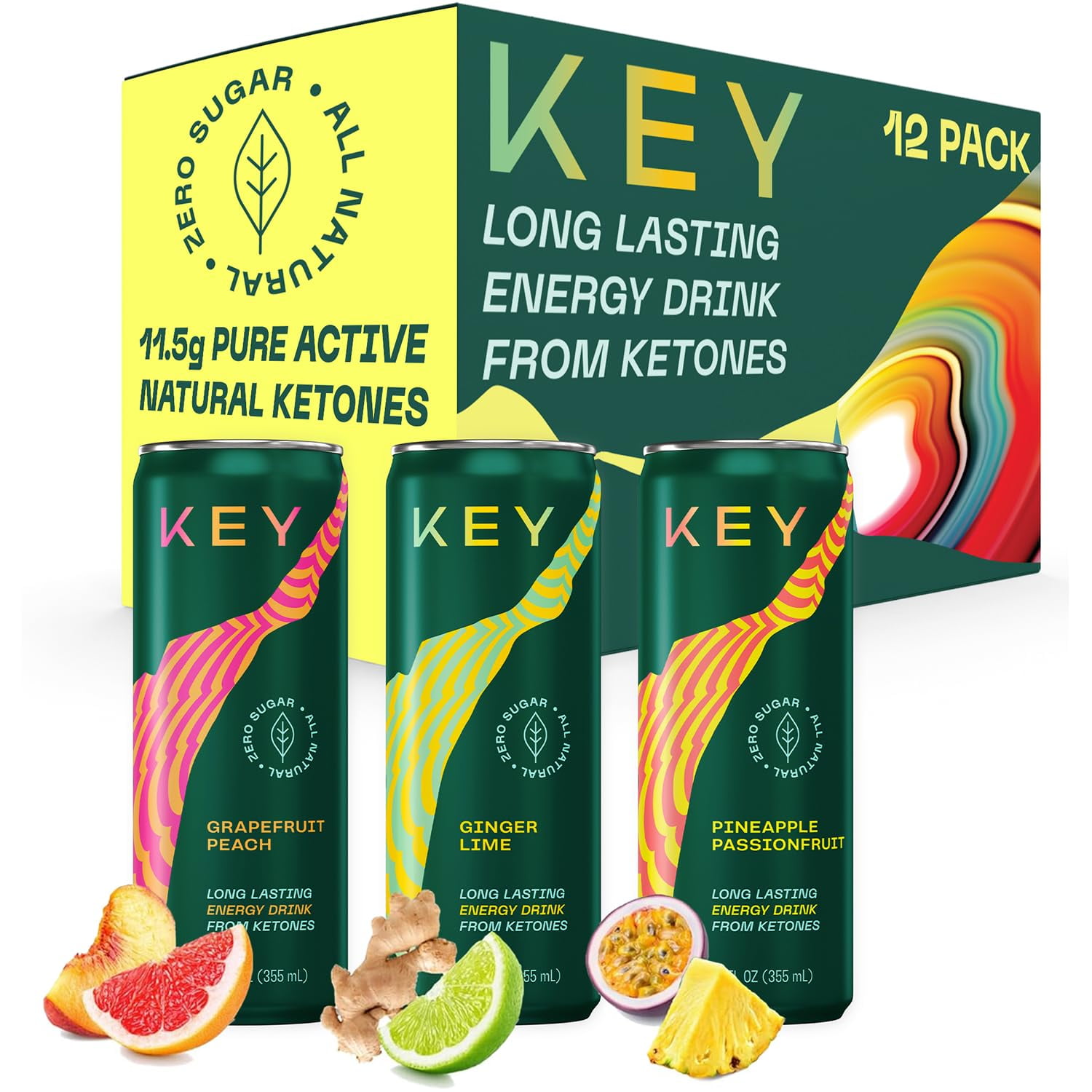 KEY Ketone Energy Drink : Sugar Free, 80mg Low Caffeine, All Natural ...