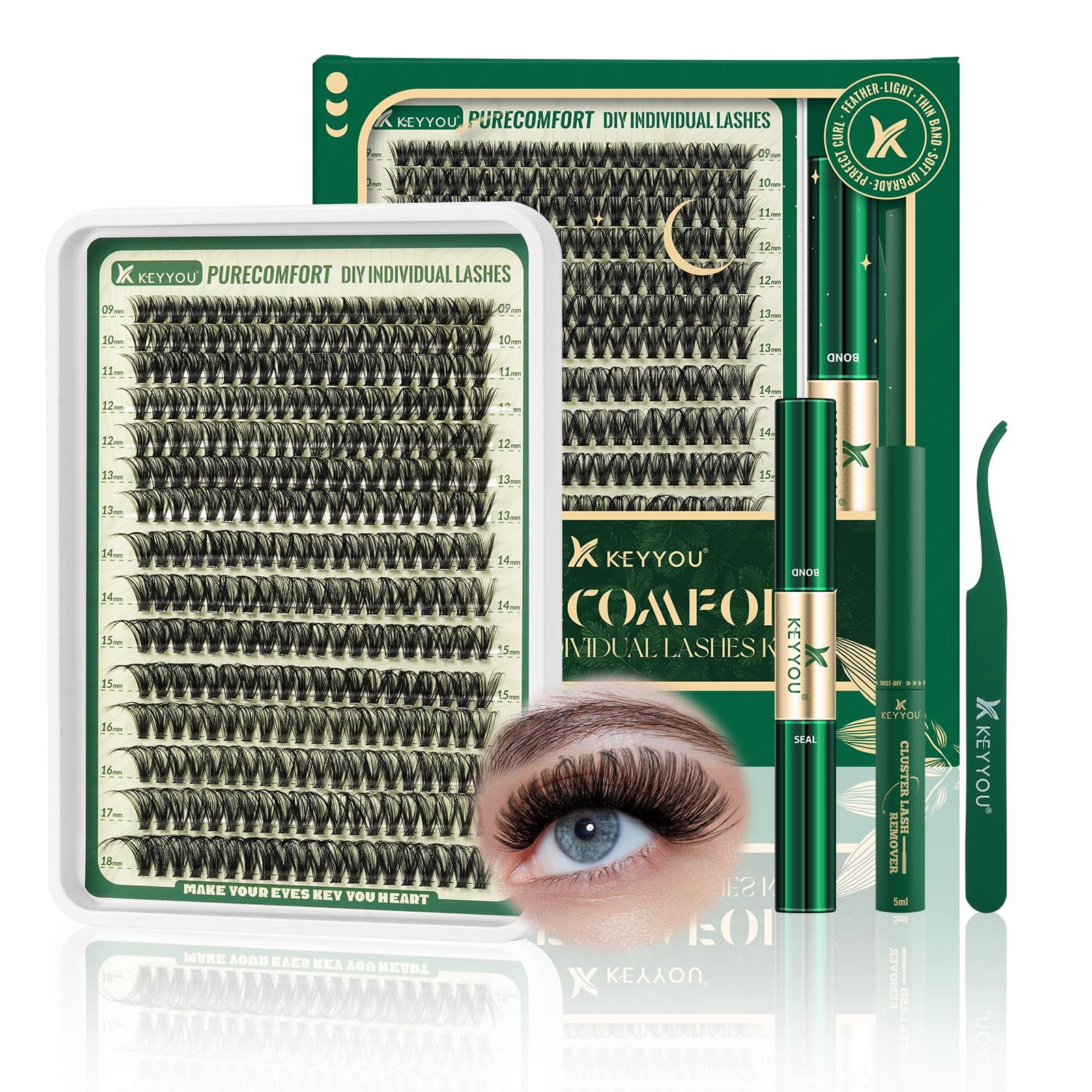 KEYYOU DIY Lash Extension Kit 300pcs Soft Lash Clusters 80D C Curl Easy to Apply with Lash Bond ...