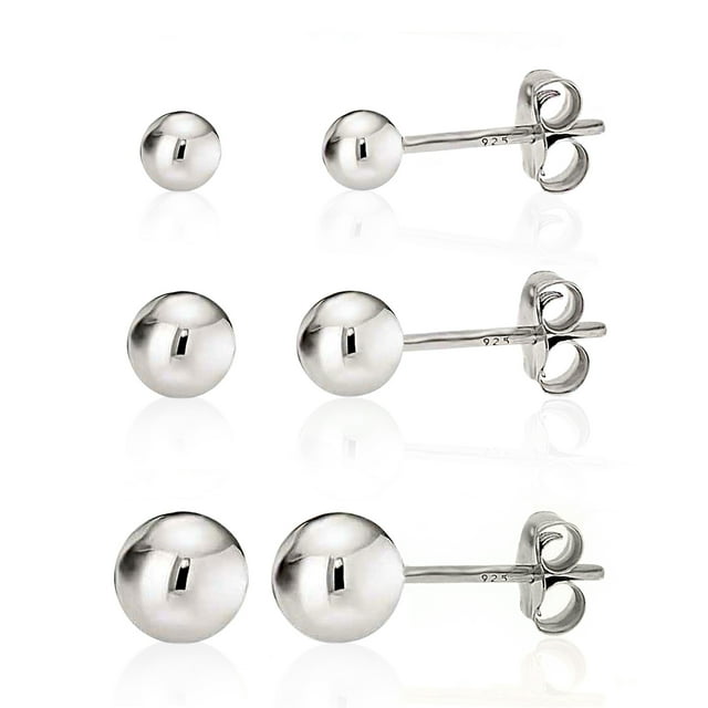 KEZEF Sterling Silver Ball Stud Earrings - Hypoallergenic Trio Set for ...
