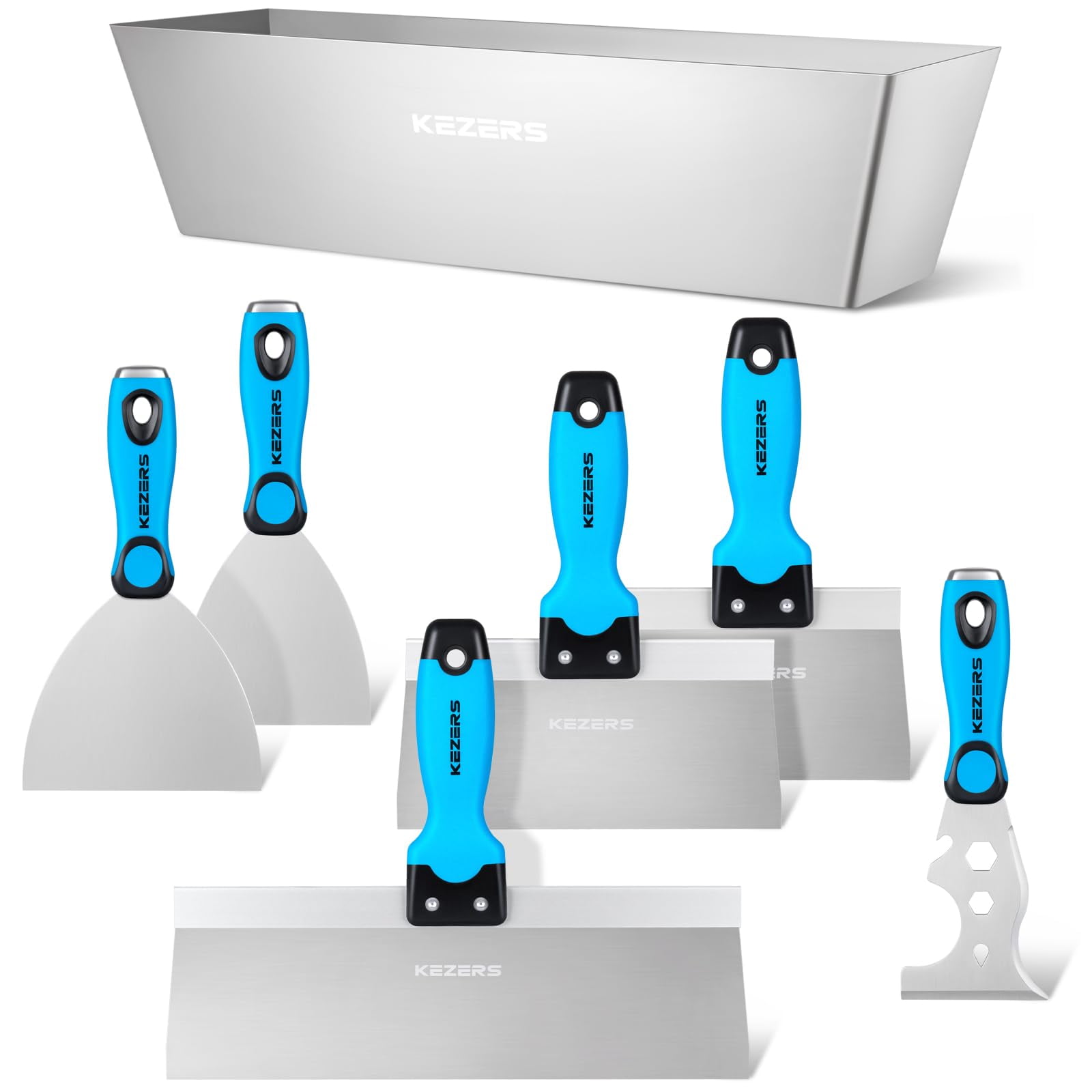 KEZERS Drywall Hand Tool Kit, 7 Pieces 3" 6" 8" 12" Stainless Steel Drywall Knife with Metal ...