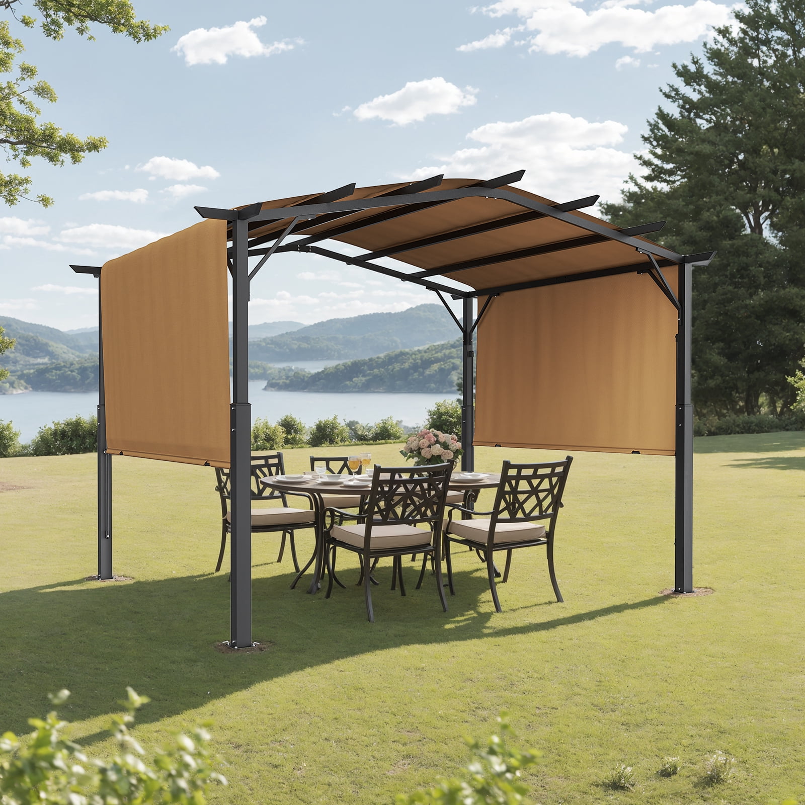 KFFKFF 10 x 10 ft Exterior Pergola, Curved Roof Metal Pergola, Pull ...