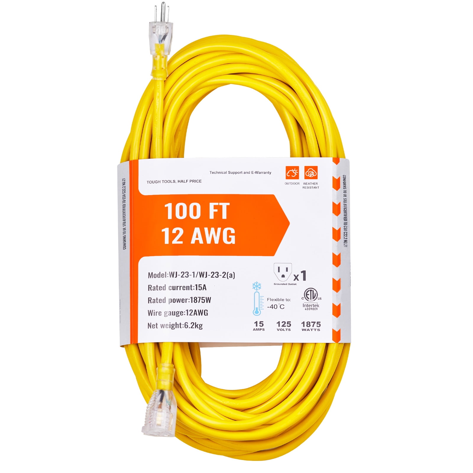 KFFKFF 100FT Robust Extension Cable, 12AWG 15Amps 1875W, Triple Plug ...
