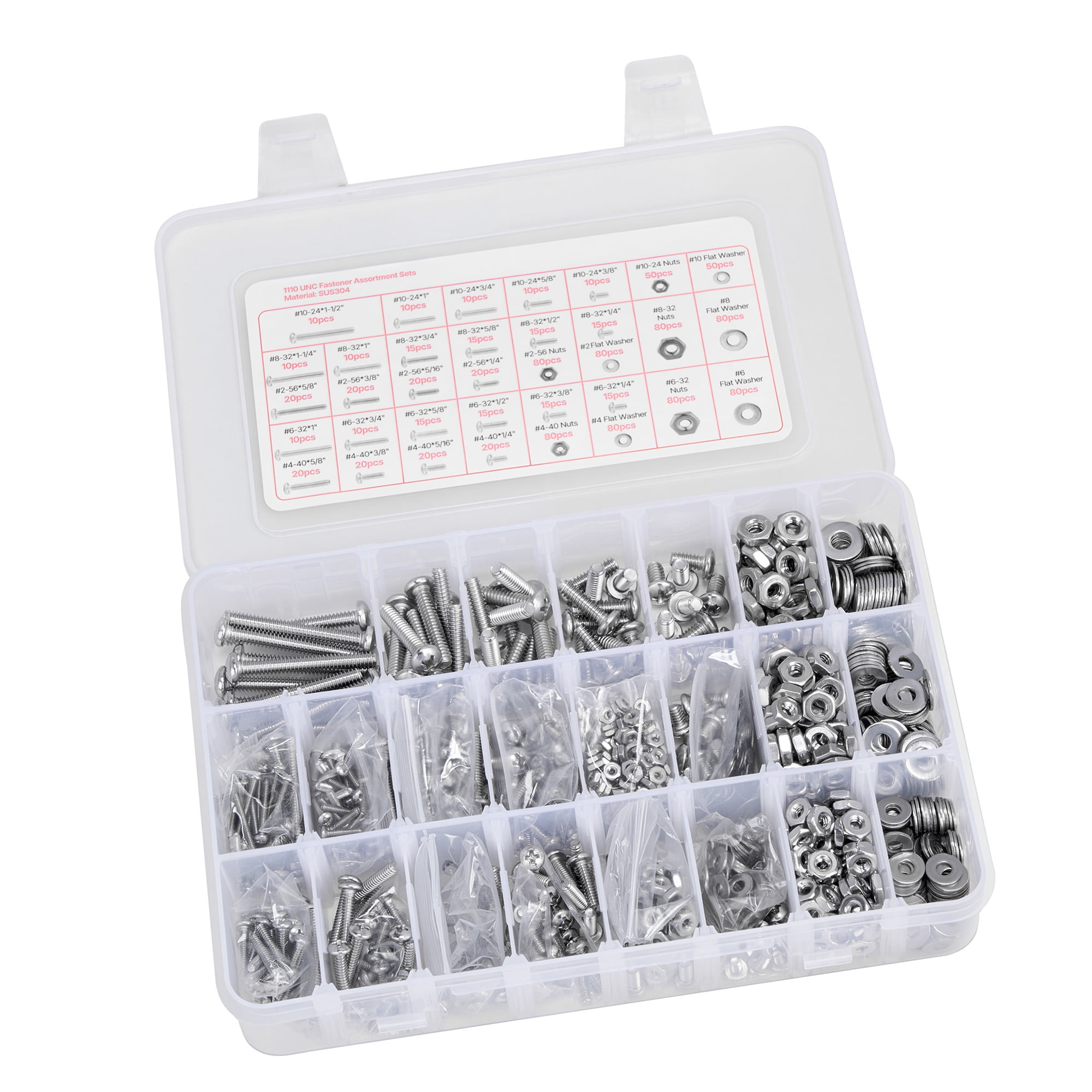 KFFKFF 1110-Piece Bolts and Nuts Assortment Kit, Stainless Steel Screws with Flat Washers, Sizes ...