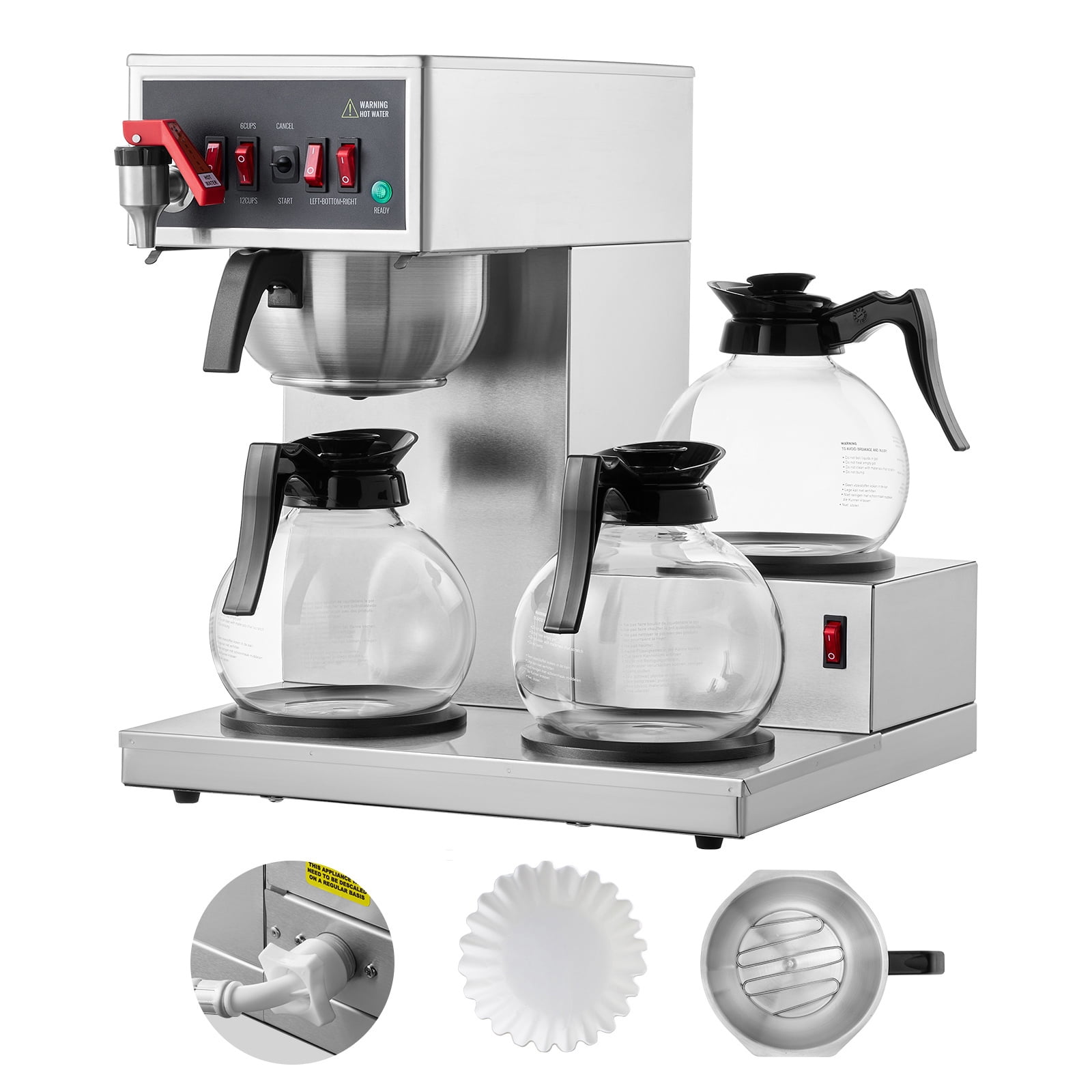 KFFKFF 12-Cup Commercial Drip Coffee Maker with 3 Glass Carafes and ...