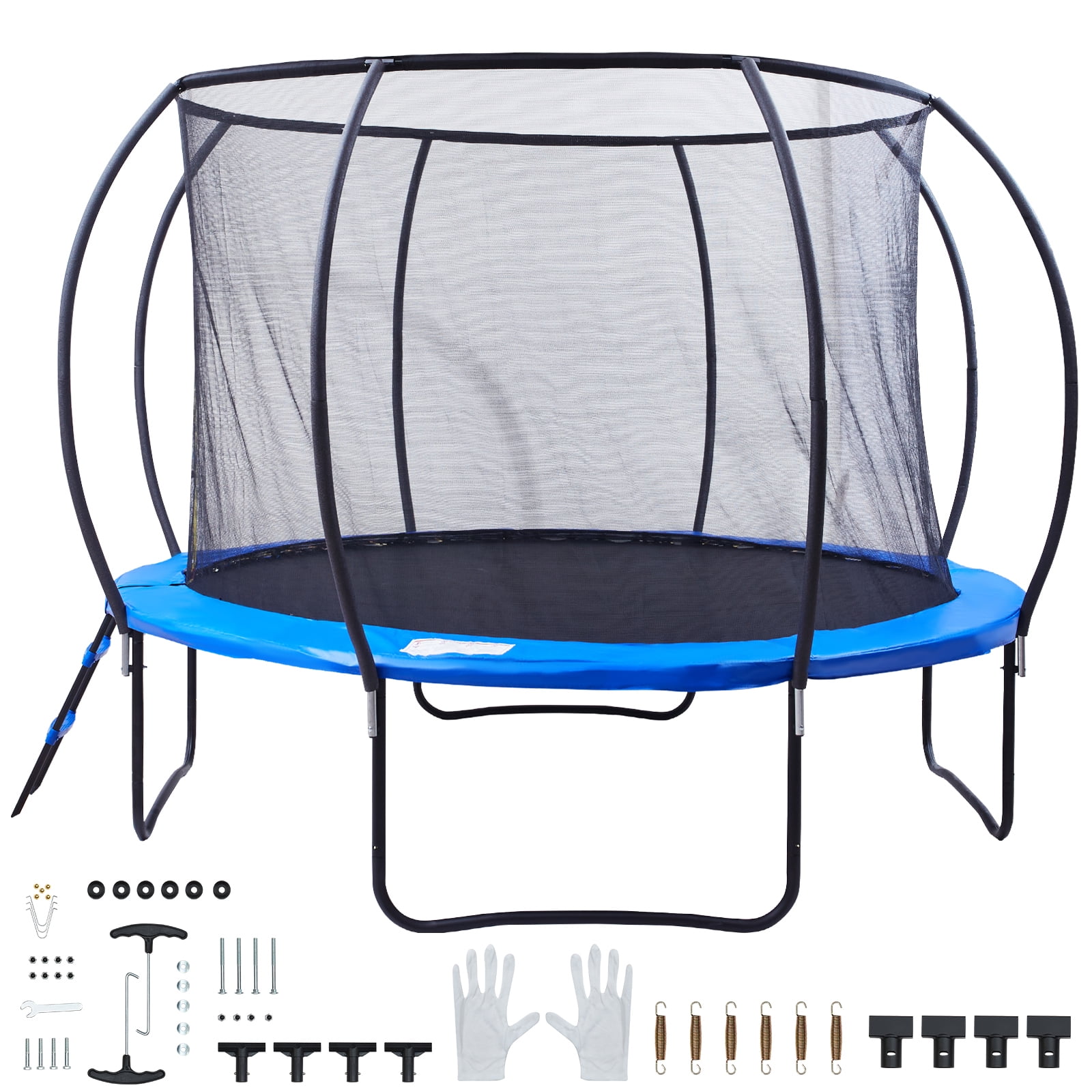 KFFKFF 12FT Trampoline, 400 lbs Capacity with Safety Net, Inclusive of Ladder and Curved Pole ...