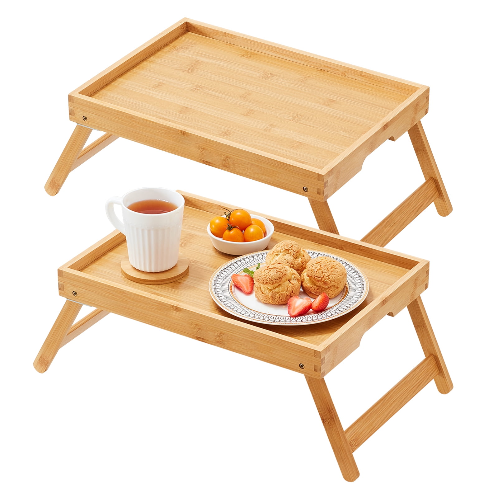 KFFKFF 2-Pack Bamboo Bed Tray Breakfast Serving Table Laptop Desk with ...