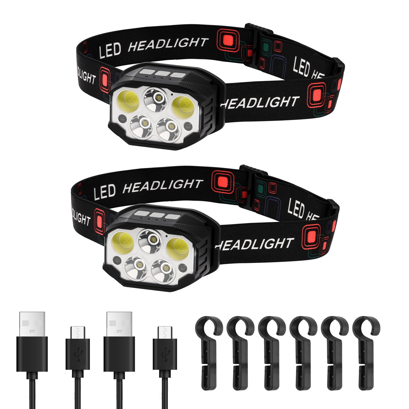 KFFKFF 2-Pack Rechargeable LED Headlamps, Lightweight Head Flashlights ...