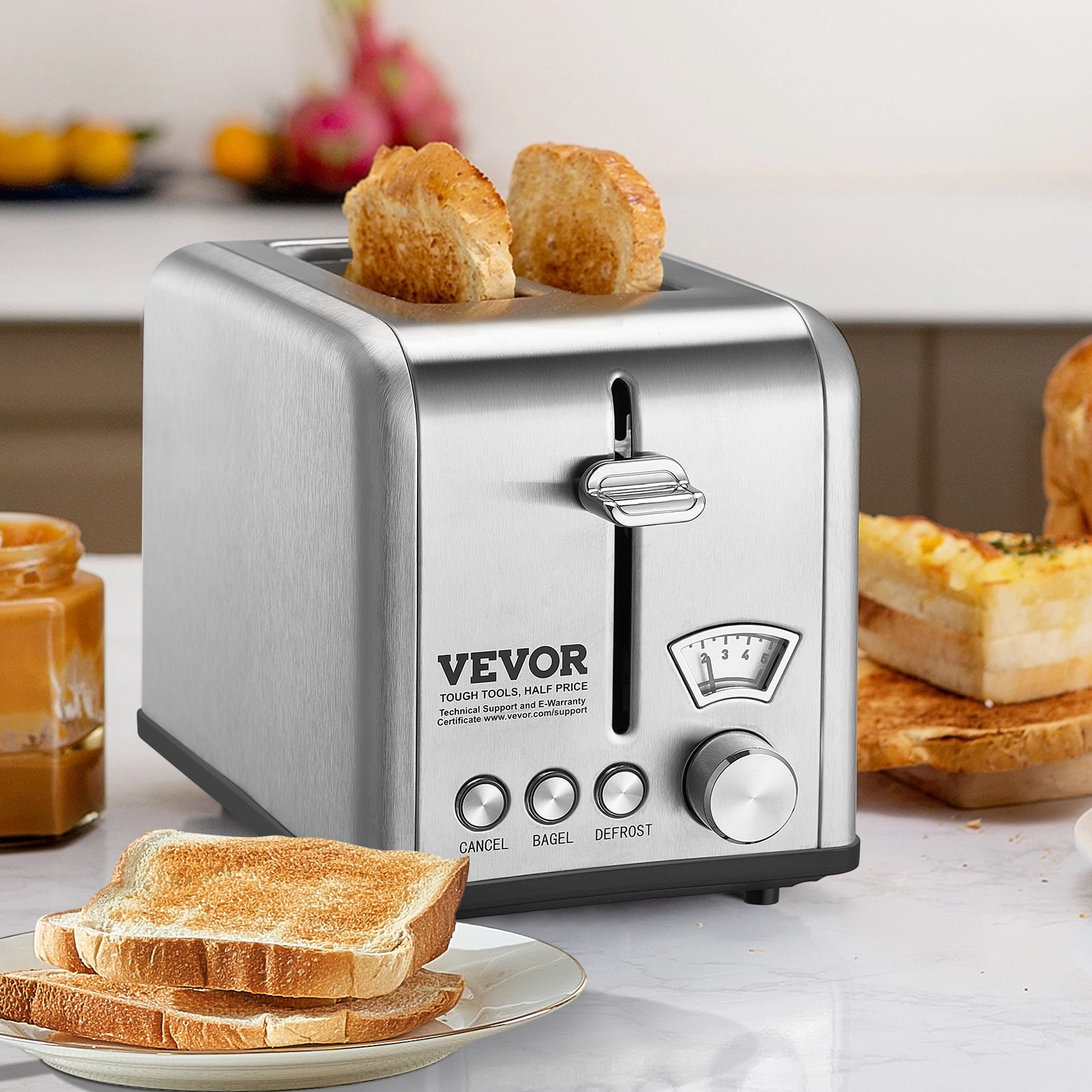 KFFKFF 2 Slice Stainless Steel Toaster Reheat Cancel Defrost 6 Browning ...