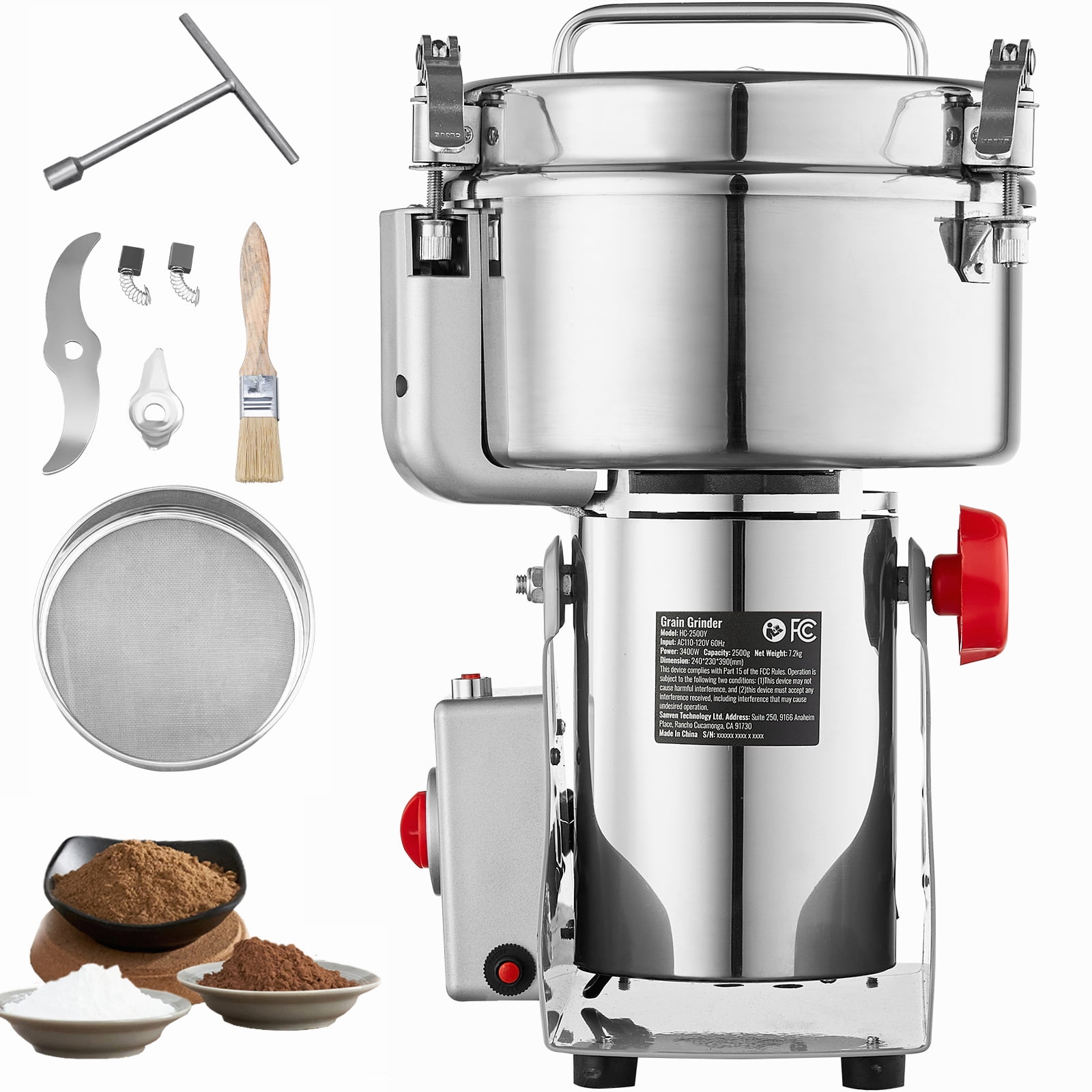 KFFKFF 2000g Electric Grain Mill, 3400W Rapid Spice Grinder, Stainless ...