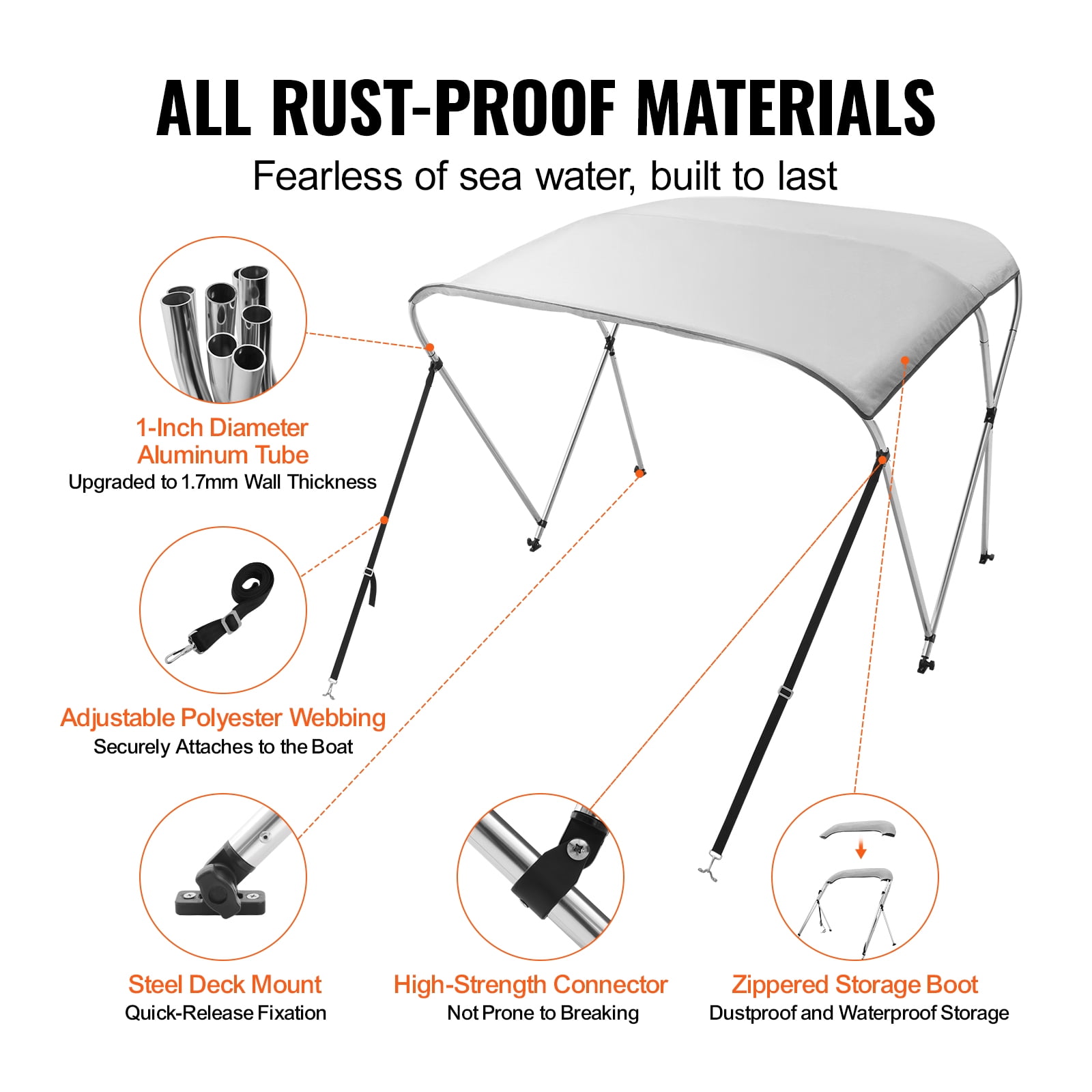 KFFKFF 3 Bow Bimini Top Boat Cover 900D Polyester Canopy Aluminum Frame ...