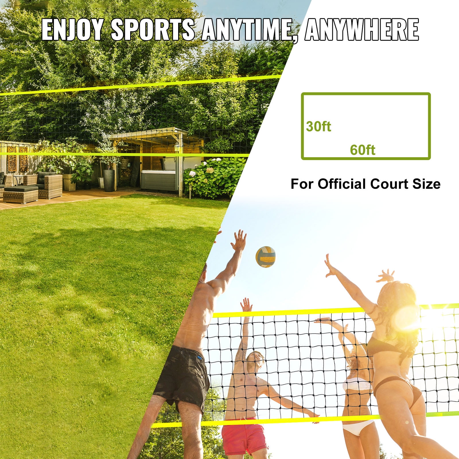 KFFKFF Outdoor Volleyball Net Set, Adjustable Height, 32x3 ft PE Net ...
