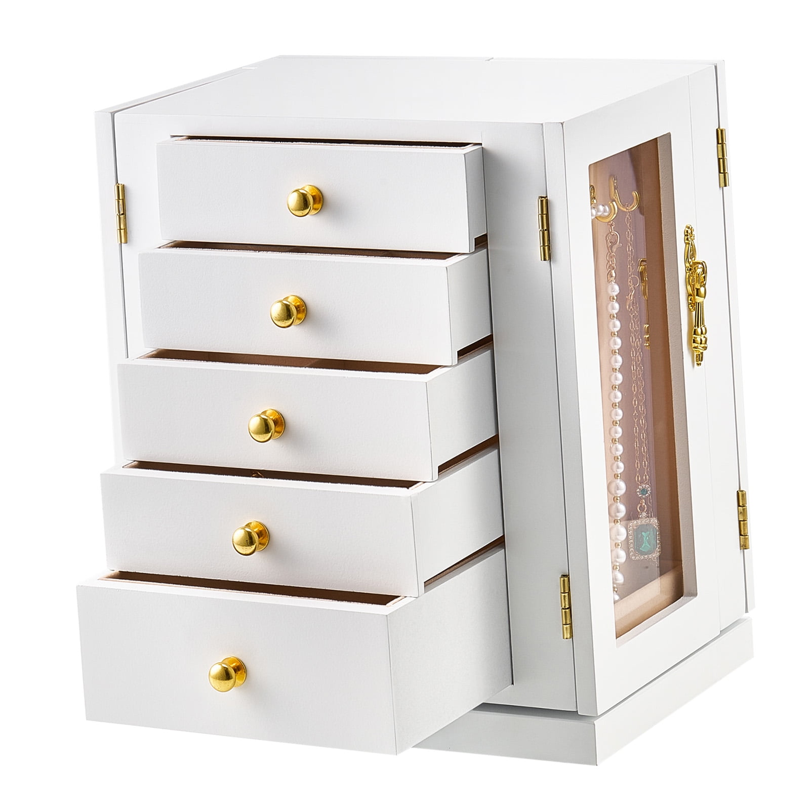 KFFKFF 360° Rotating Jewelry Organizer with 5 Drawers, Acrylic Window ...
