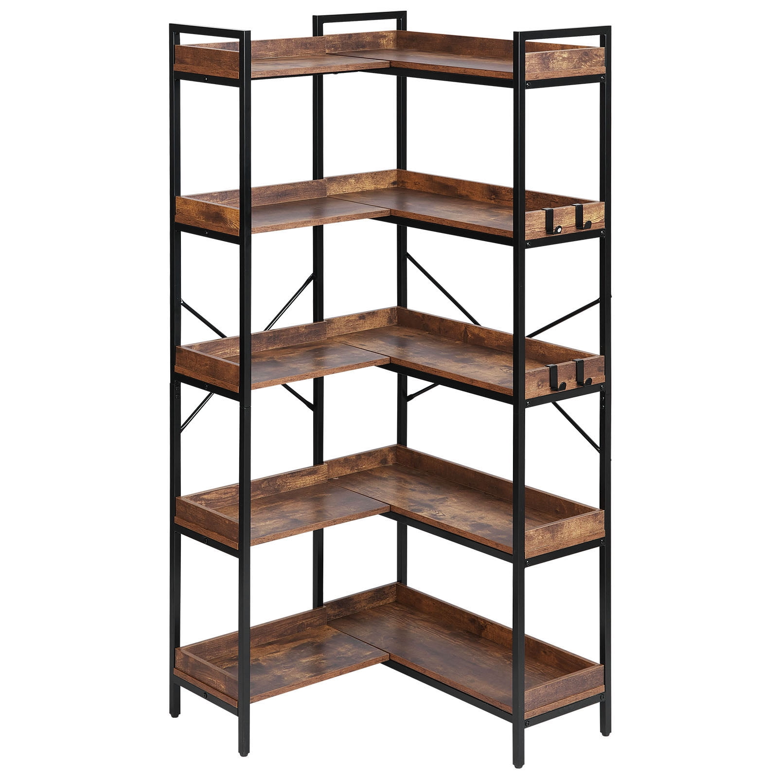 KFFKFF 5-Tier Corner Bookshelf with 4 Hooks, 65.4" Tall L-Shaped ...