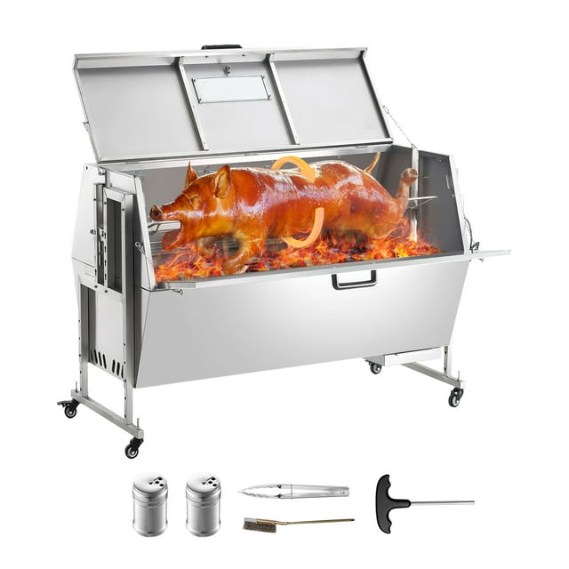 KFFKFF 60W Stainless Steel BBQ Rotisserie Grill with Hooded Cover ...