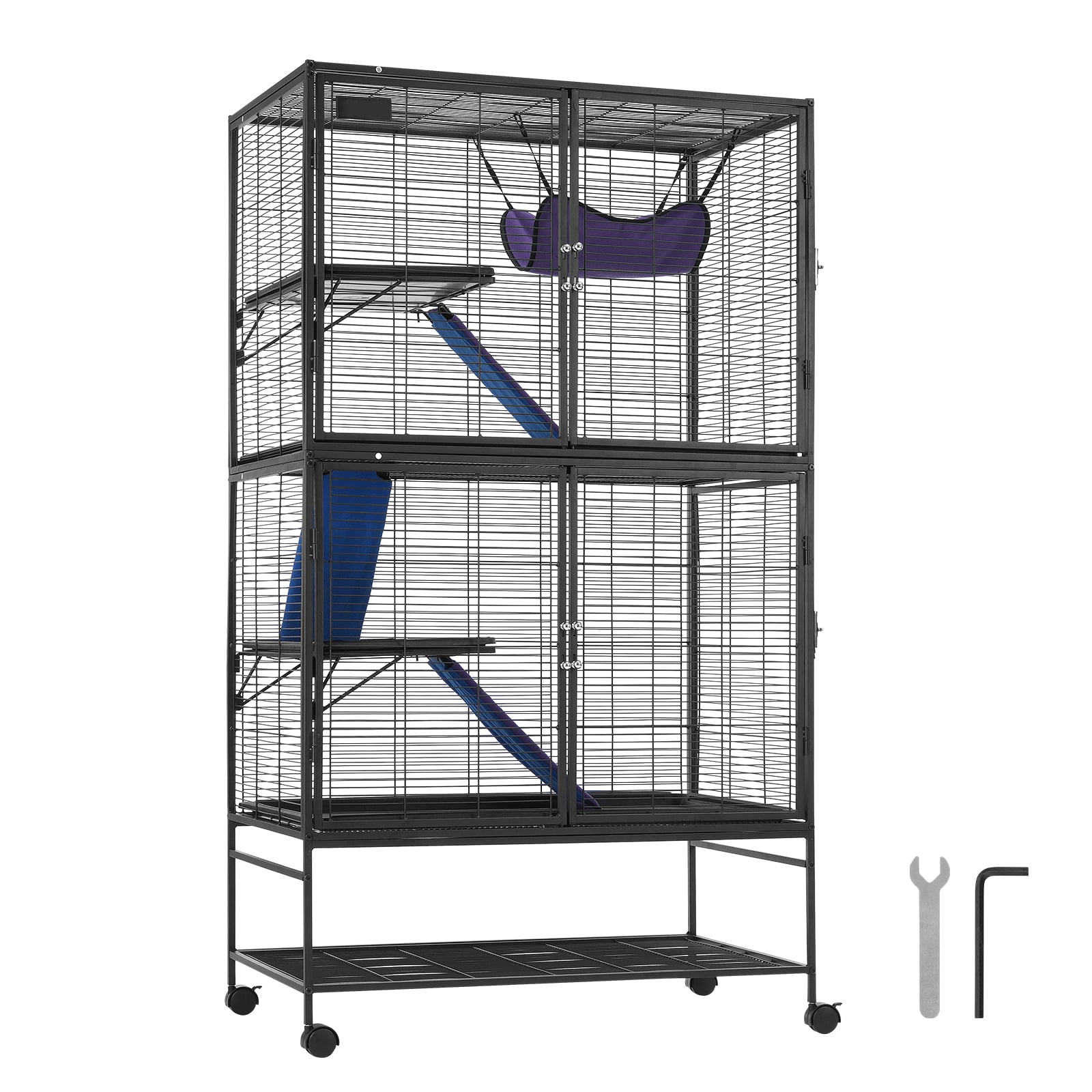 KFFKFF 64.6" Metal Cage on Wheels, Spacious 4-Level Habitat for Small ...