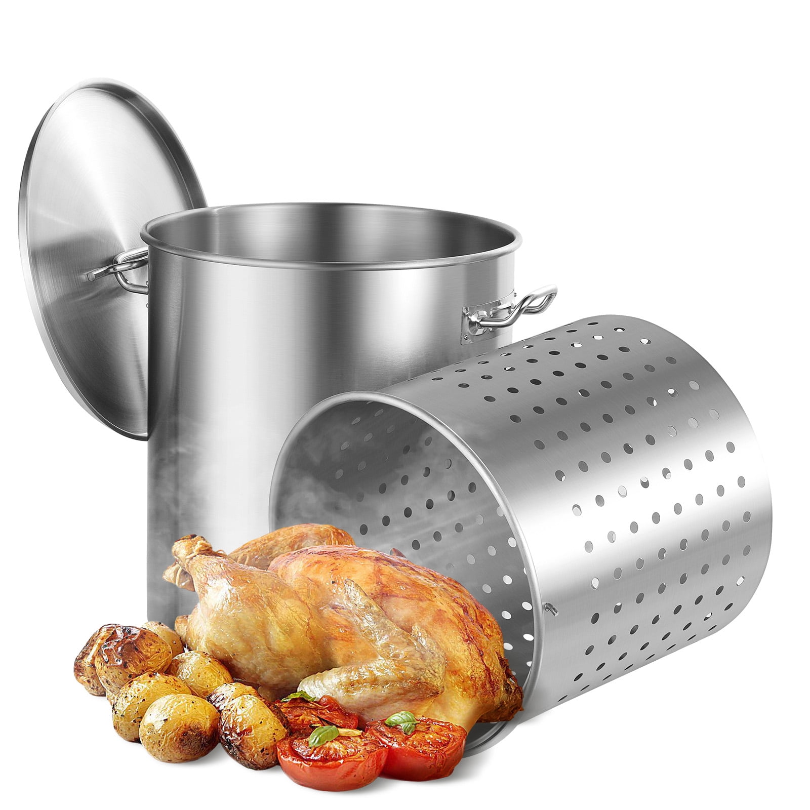 KFFKFF 64 Qt Silver Stainless Steel Stockpot, Cooking Pot Basket, Cover ...
