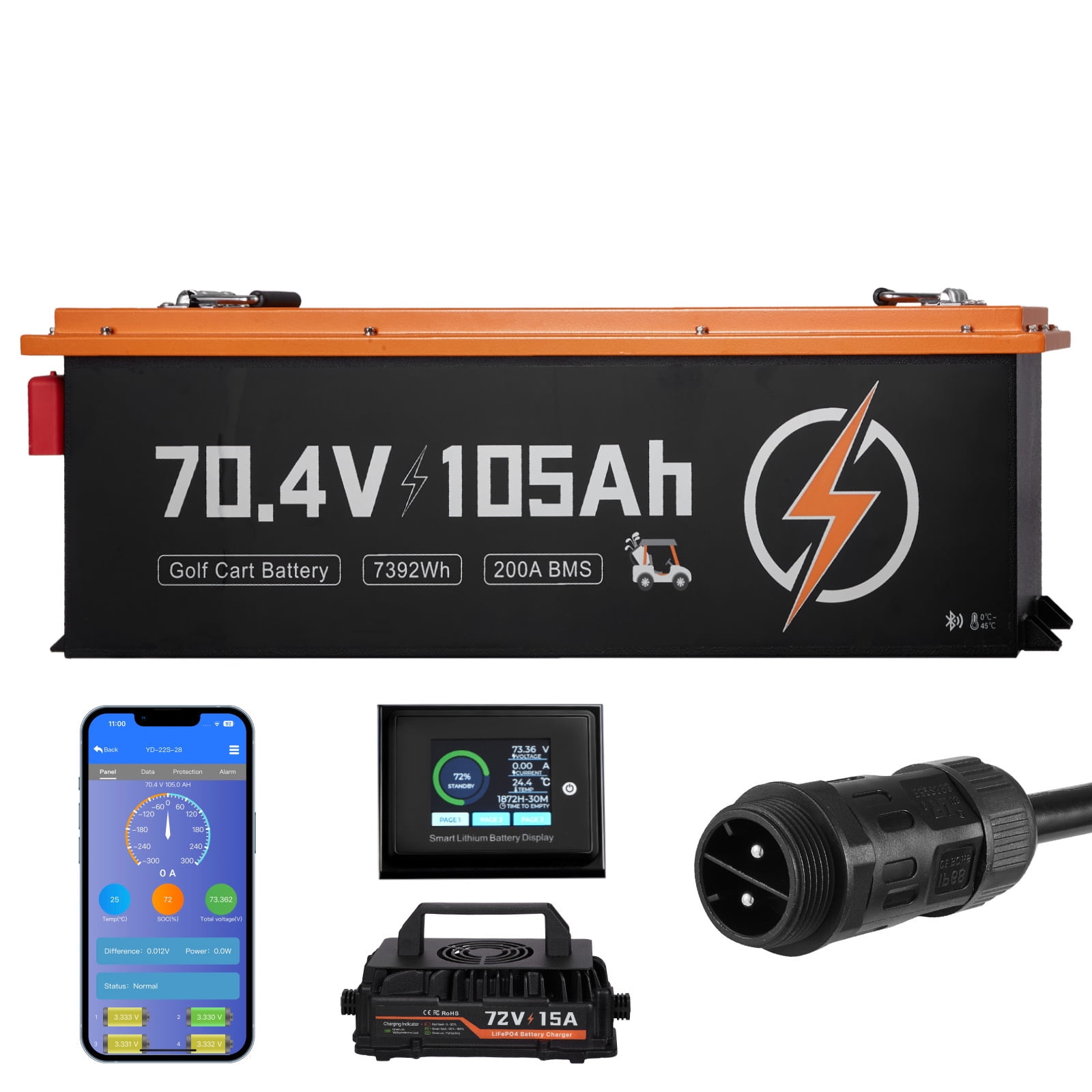 KFFKFF 72V (70.4V) 105AH Lithium Battery for Golf Carts, Includes 15A ...