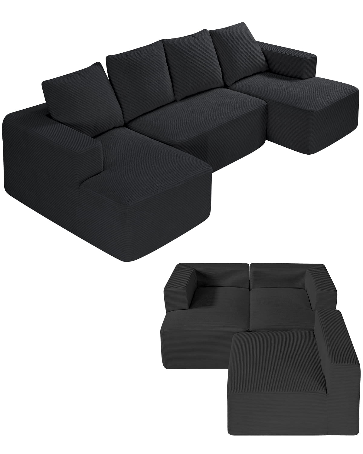KFFKFF Assembled Sectional Sofa, L Shaped Modular Sofa with Lounger ...