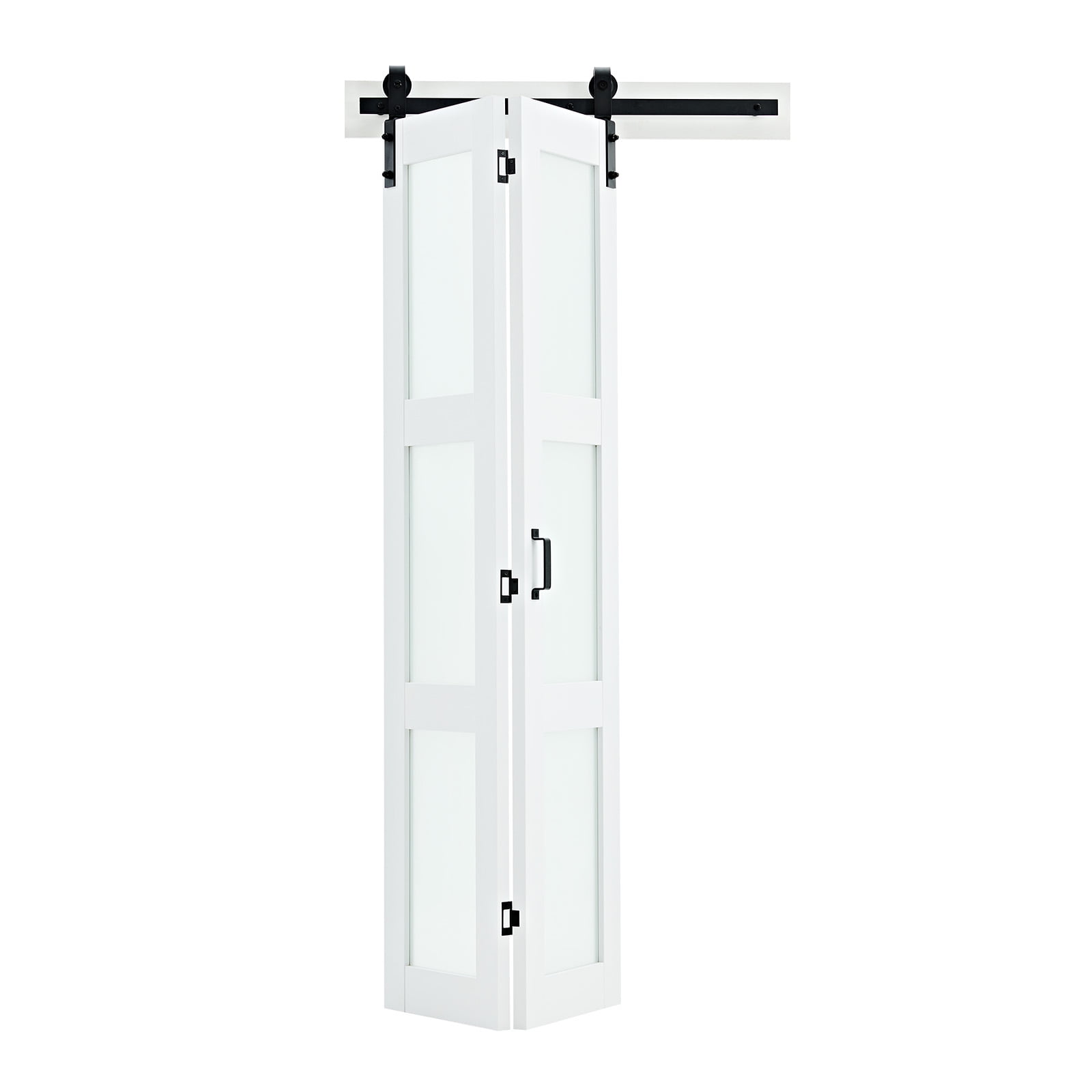 KFFKFF Bifold Barn Door, 36" x 84", Frosted Glass Door with Header ...