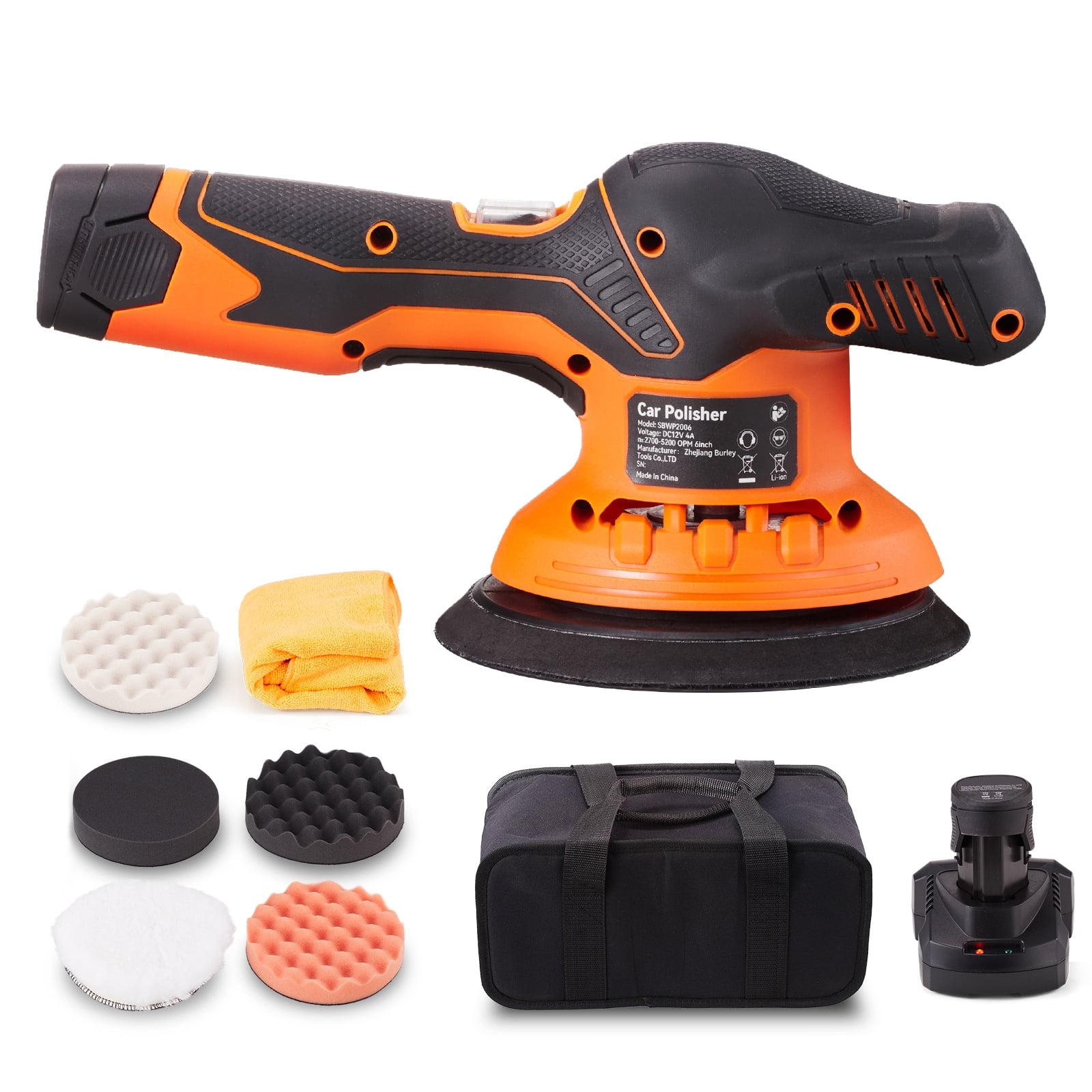 KFFKFF Cordless Buffer Polisher, 6 Inch 5200RPM Car Random Orbital Polisher, 6-speed Car Buffer ...