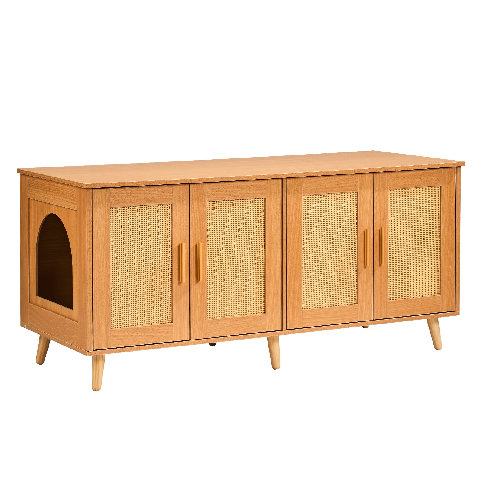 KFFKFF Dual-Cat Litter Cabinet, Rattan Accent Doors, Wood Litter Box ...