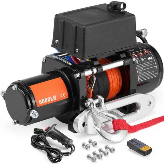 KFFKFF Electric Winch, 6000 lb Capacity, 12V DC for Trucks with 1/4 in x 55 ft Synthetic Rope ...
