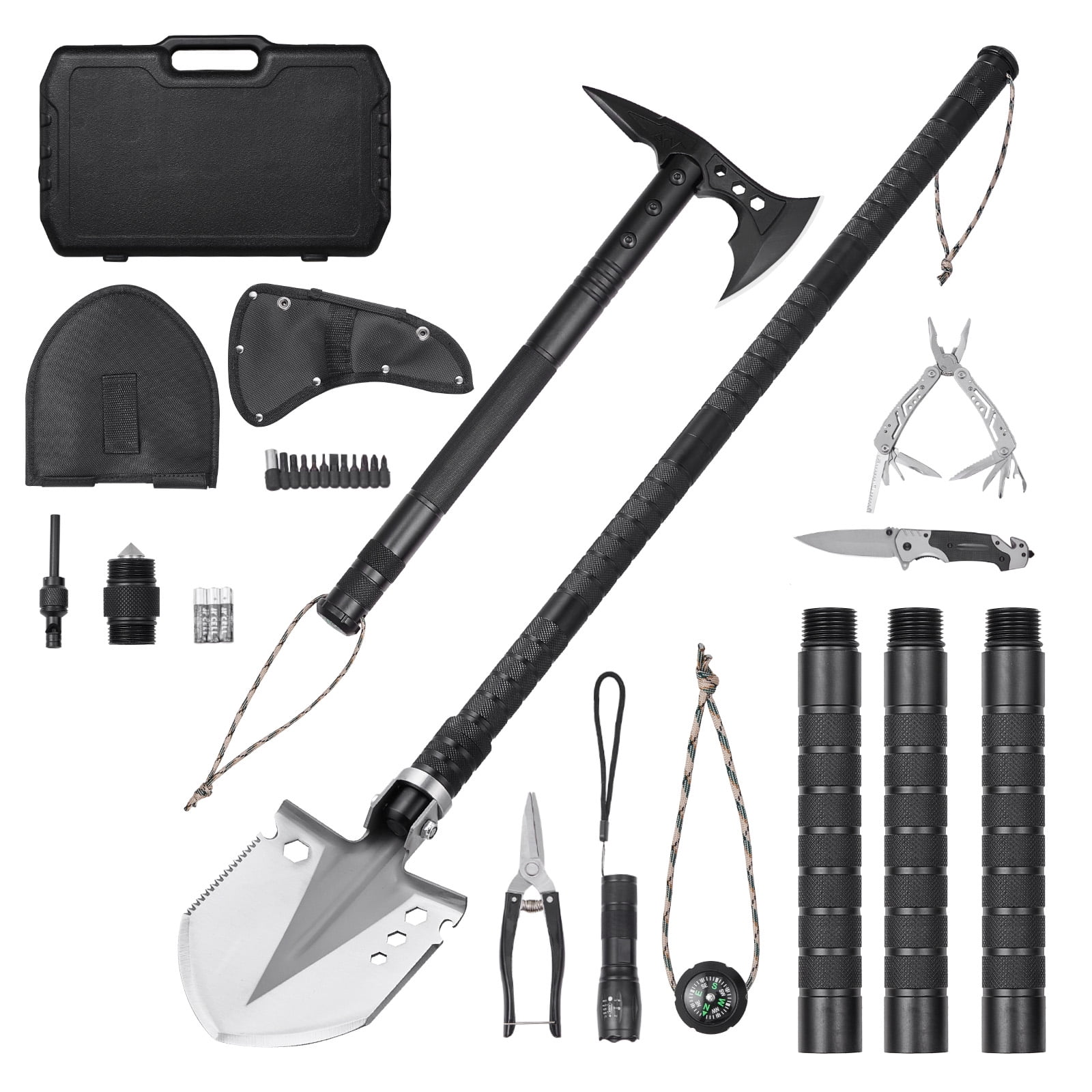 KFFKFF Emergency Preparedness Shovel and Axe, 28-Function Foldable ...