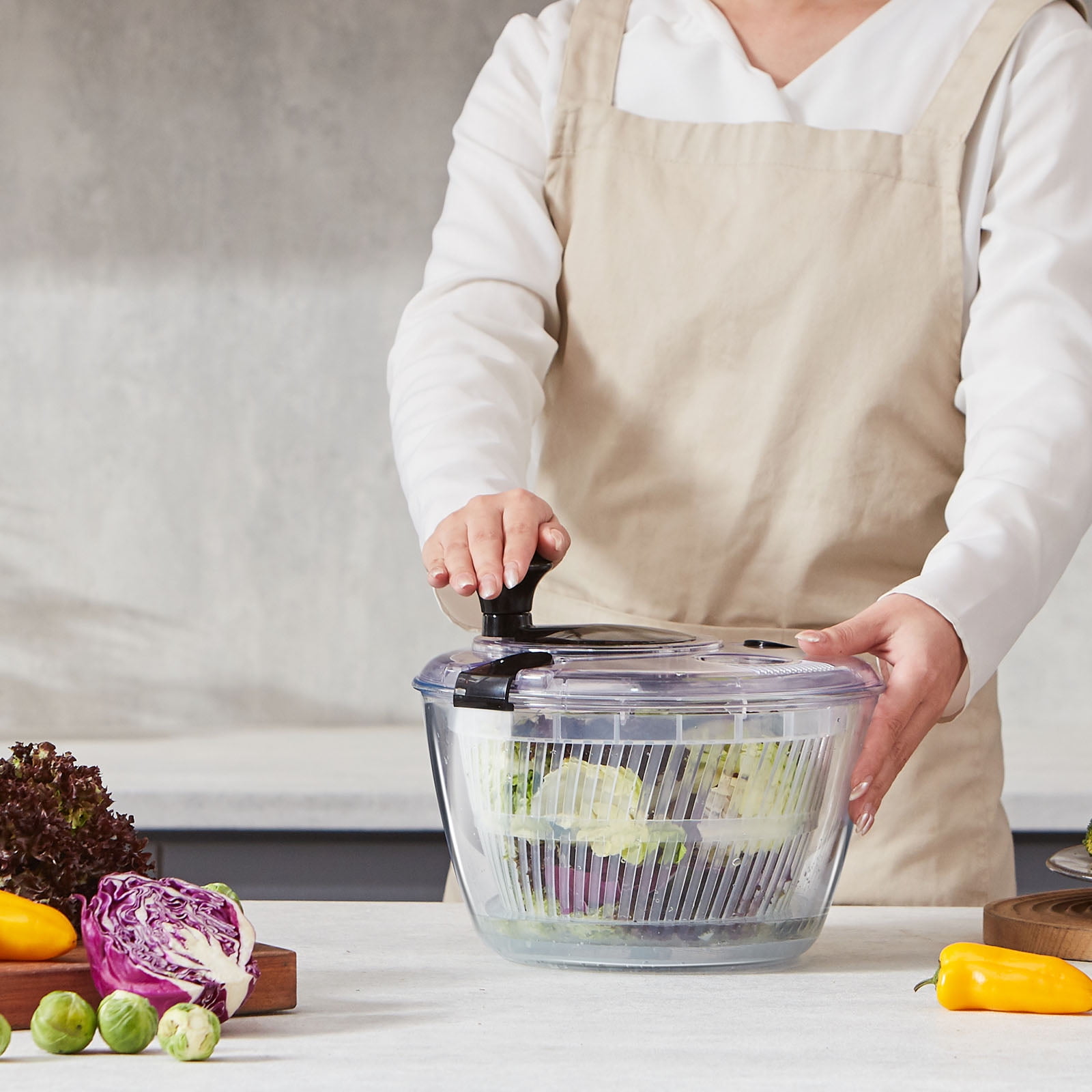 KFFKFF Glass Bowl Salad Spinner 4.75Qt Large Vegetable Dryer Washer BPA ...
