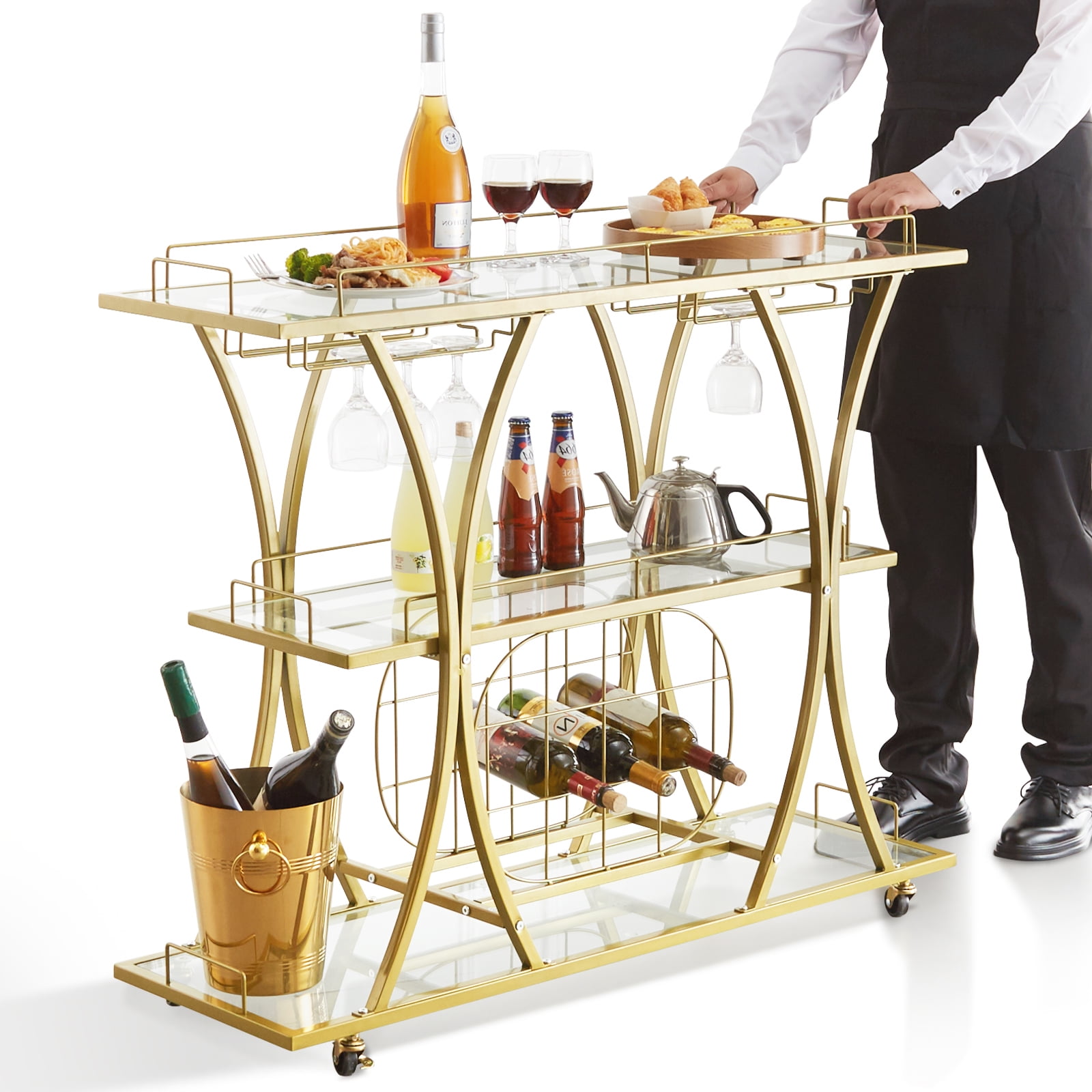 KFFKFF Golden Bar Trolley, Tri-Level Home Beverage Service Cart with ...